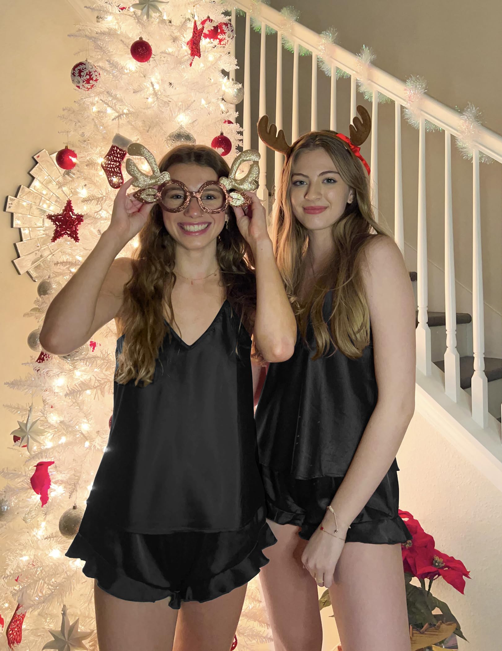 Ekouaer Satin Pajama Set for Women Silk Pjs for Women Set Camisole Top and Shorts with Ruffle Sleepwear Black