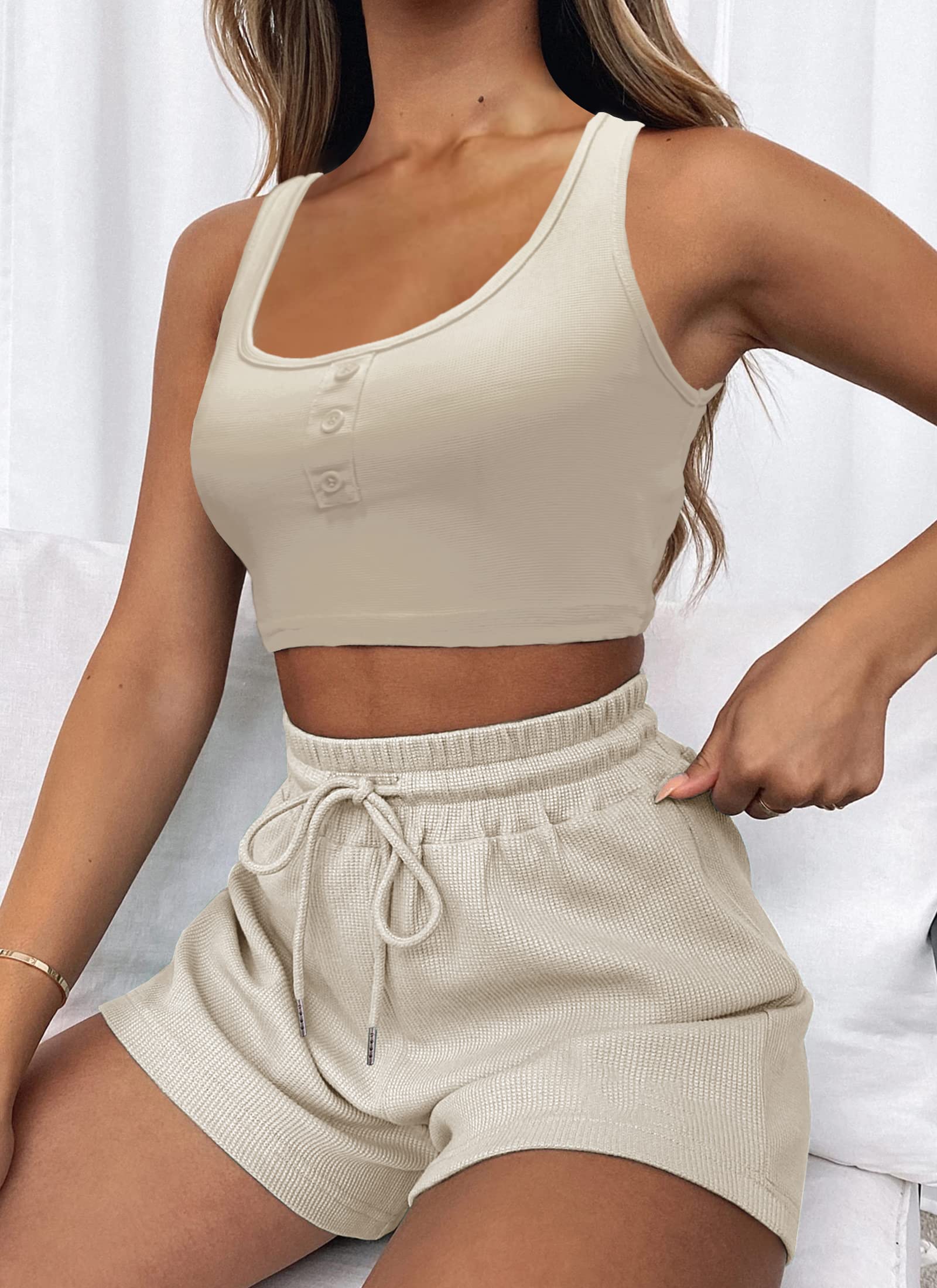 Women’s Pajama Sets Waffle Knit Matching Lounge Set Crop Tank Loose Shorts with Pockets Beige XL