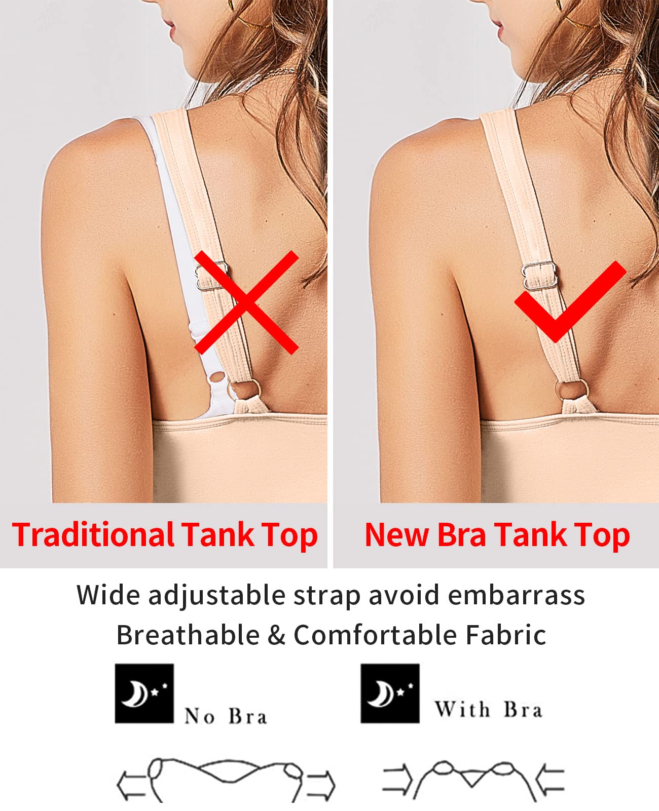V FOR CITY Women's Built-in Bra Tank Adjustable Wide Strap Camisole Tops Scoop Neck Cotton Cami Shirts M