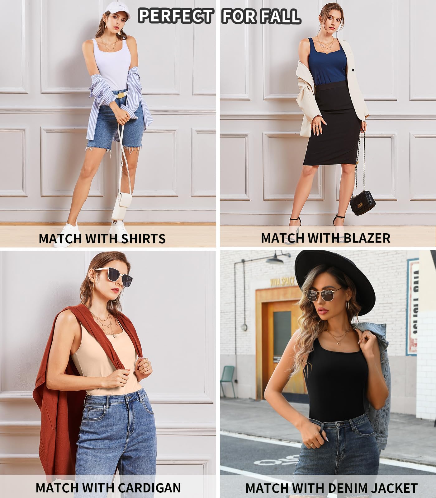 V FOR CITY Women's Built-in Bra Tank Adjustable Wide Strap Camisole Tops Scoop Neck Cotton Cami Shirts M