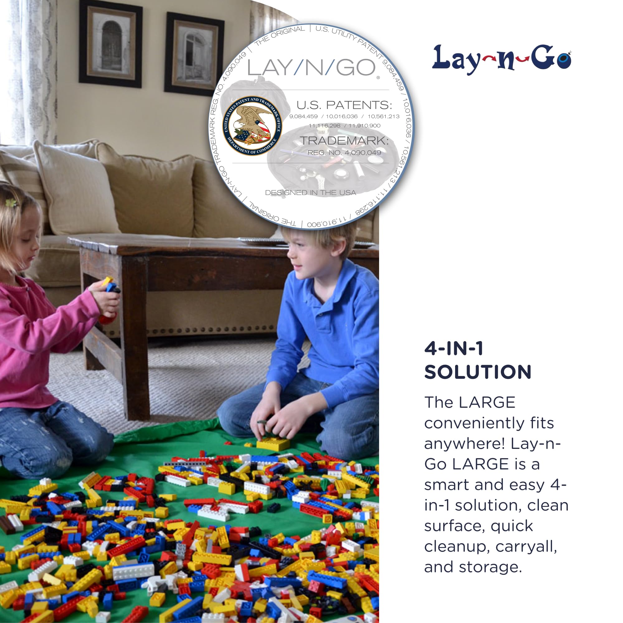 Lay-n-Go 2-in-1 Extra Large Portable Drawstring Toys Storage Organizer and Play Mat for Room and Travel, Made for Kids and Toddlers with a Durable Patented Design, 60 inch, Green