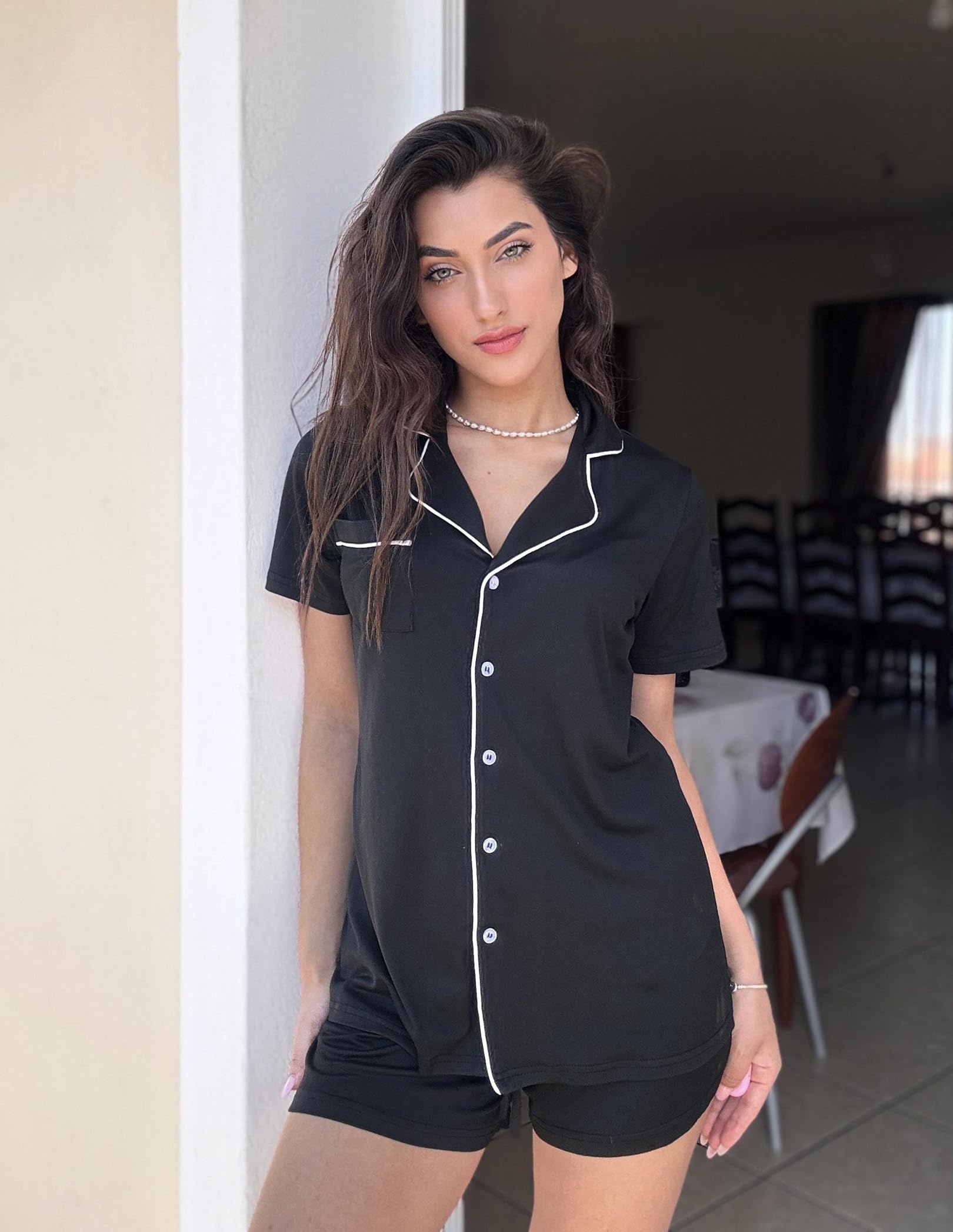Ekouaer Pajamas Set for Women Short Sleeve Sleepwear Button Down Pjs Soft 2 Piece Lounge Sets Black X-Large