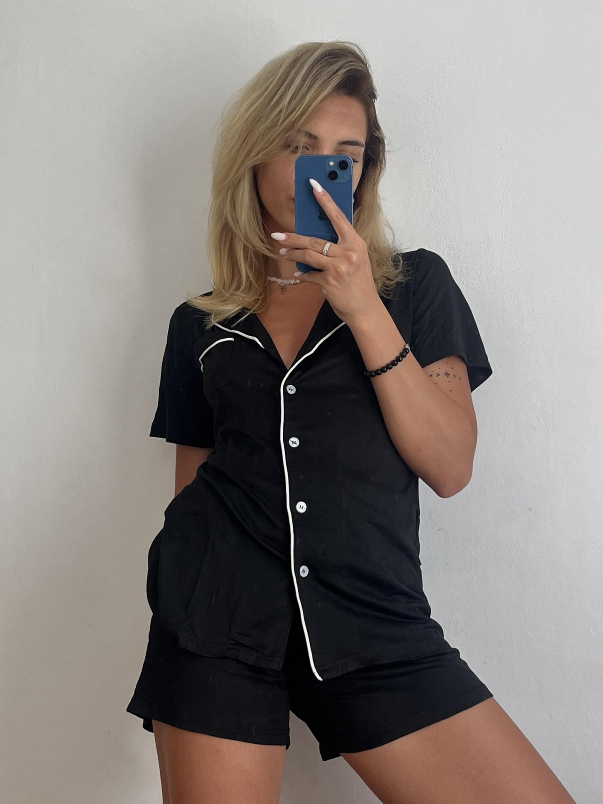 Ekouaer Pajamas Set for Women Short Sleeve Sleepwear Button Down Pjs Soft 2 Piece Lounge Sets Black X-Large