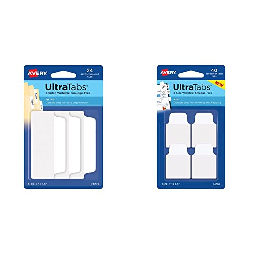 Avery Ultra Tabs, 3" x 1.5", 2-Side Writable, White, 24 Repositionable Filing Tabs (74776) & Avery Mini Ultra Tabs, 1" x 1.5", 2-Side Writable, White, 40 Repositionable Tabs (74788)