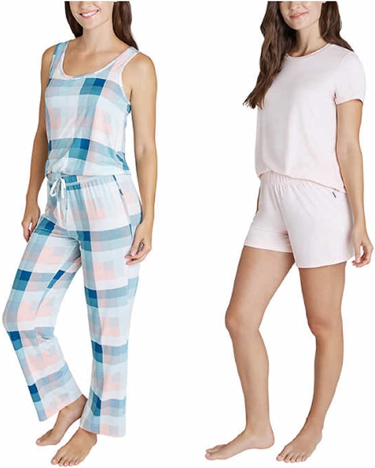 Eddie Bauer Women's 4-Piece Sleep Set, Tank, Tee, Short, Pant (X-Large, Teal Squares)