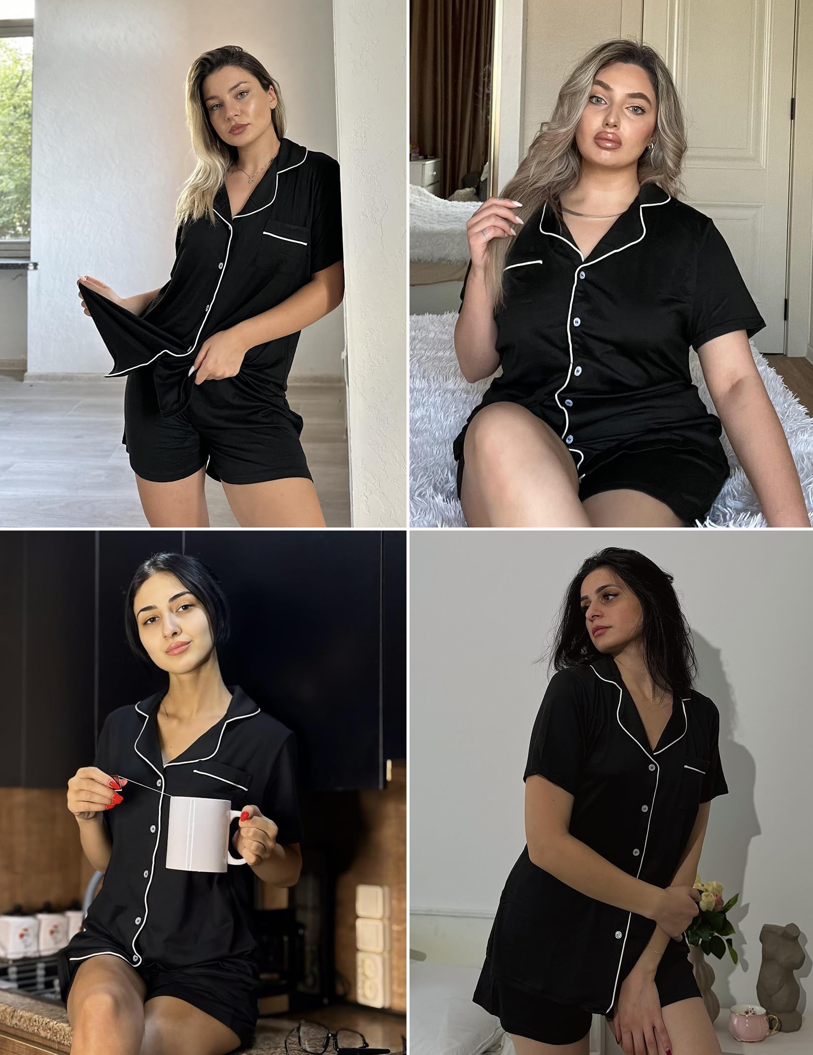Ekouaer Pajamas Set for Women Short Sleeve Sleepwear Button Down Pjs Soft 2 Piece Lounge Sets Black X-Large