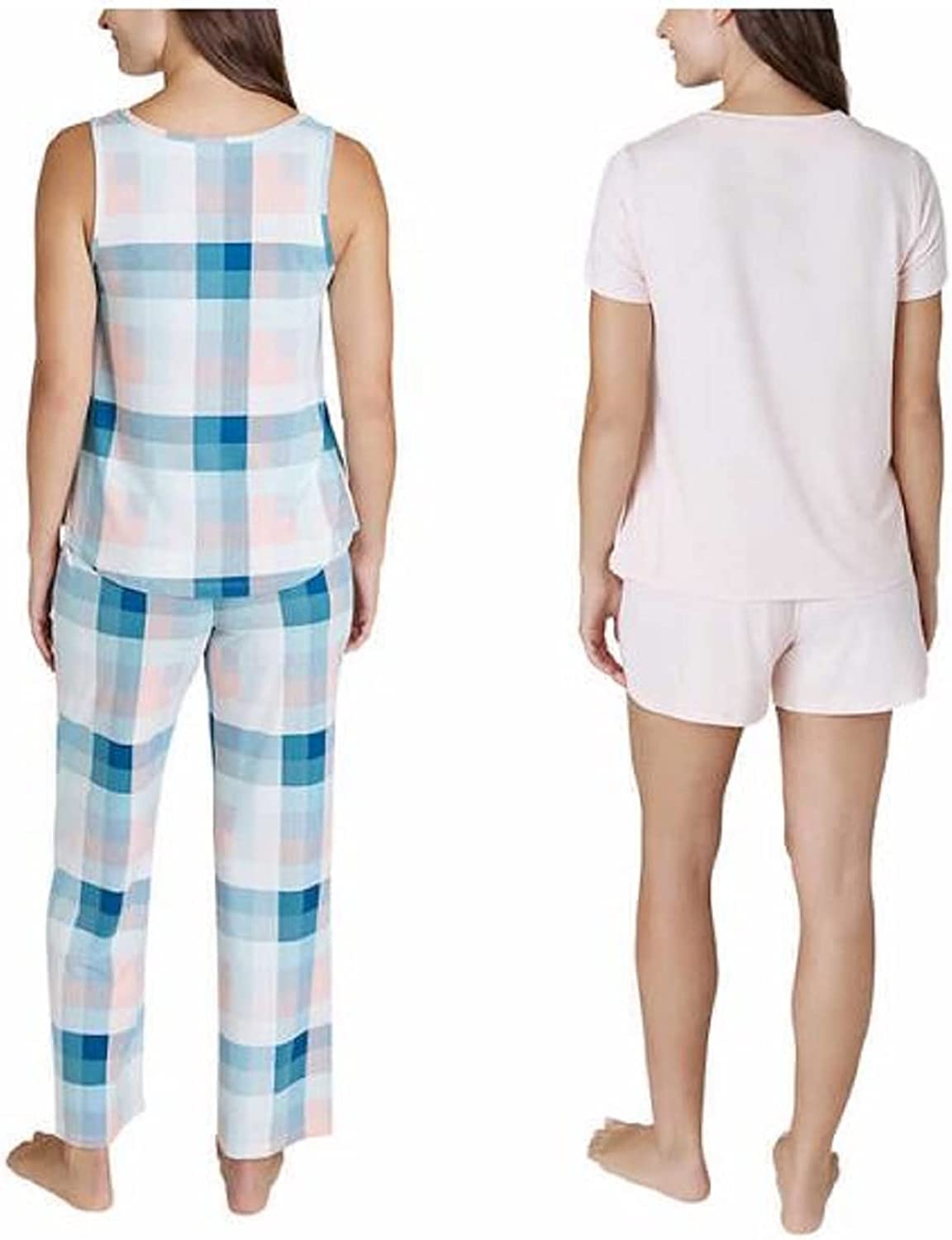 Eddie Bauer Women's 4-Piece Sleep Set, Tank, Tee, Short, Pant (X-Large, Teal Squares)