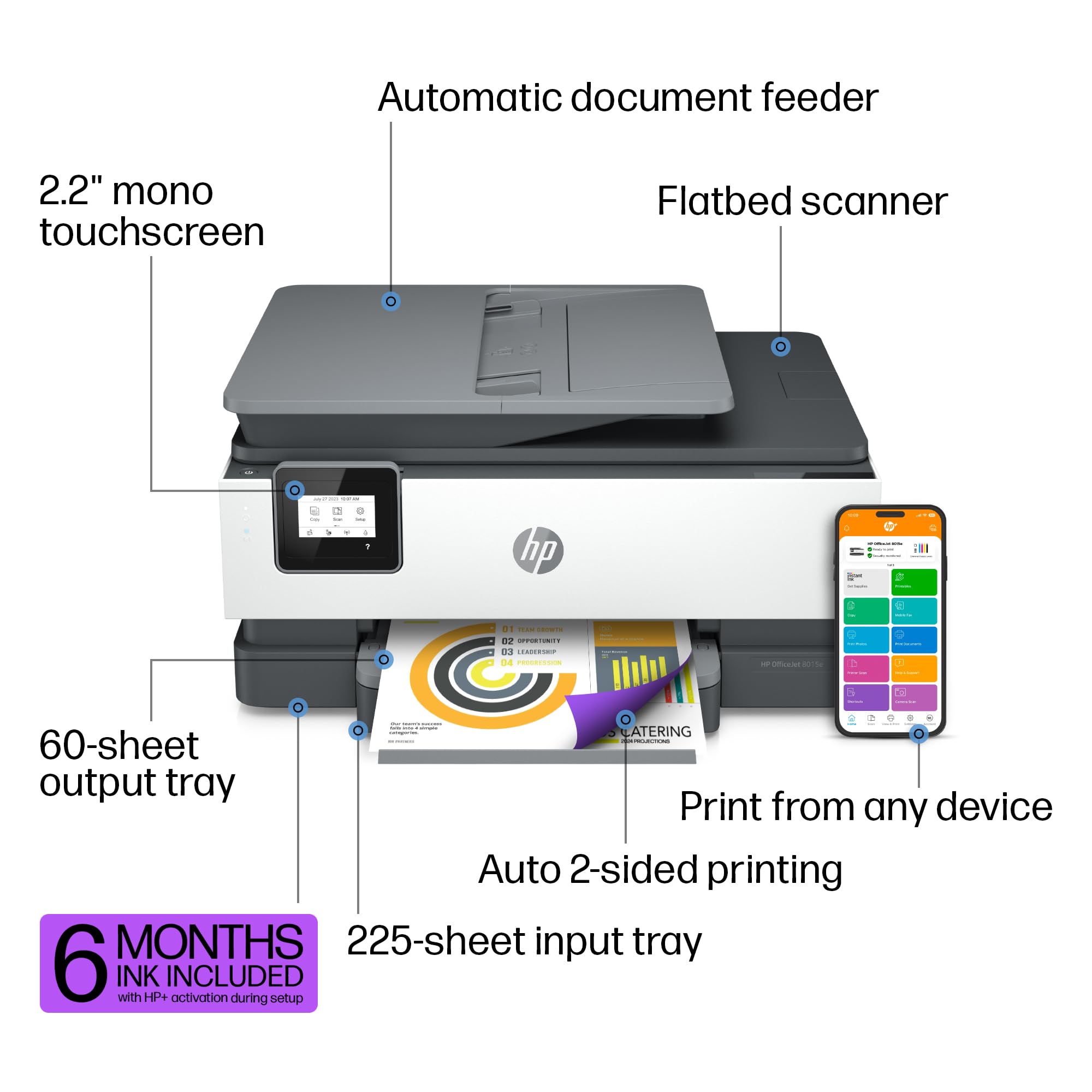HP OfficeJet 8015e Wireless Color All-in-One Printer with 6 Months Free Ink with HP+(228F5A), White
