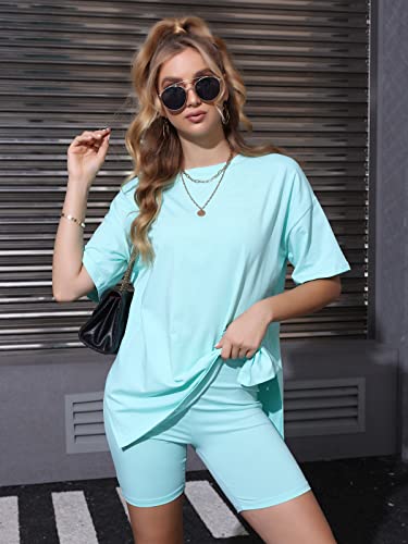 Halfword Womens Summer Two Piece Workout Sets Casual Oversize T-Shirt Tops Biker Shorts Sport Tracksuit Lounge Sets LightGreen XL