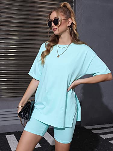 Halfword Womens Summer Two Piece Workout Sets Casual Oversize T-Shirt Tops Biker Shorts Sport Tracksuit Lounge Sets LightGreen XL