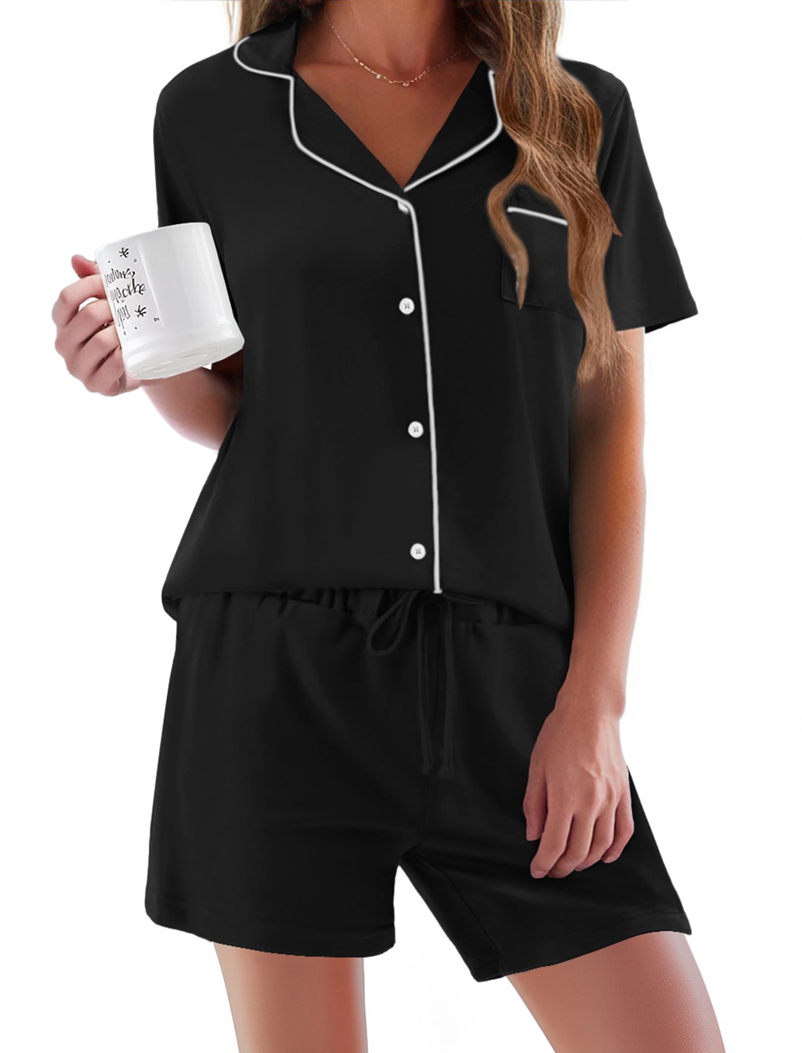 Ekouaer Pajamas Set for Women Short Sleeve Sleepwear Button Down Pjs Soft 2 Piece Lounge Sets Black X-Large