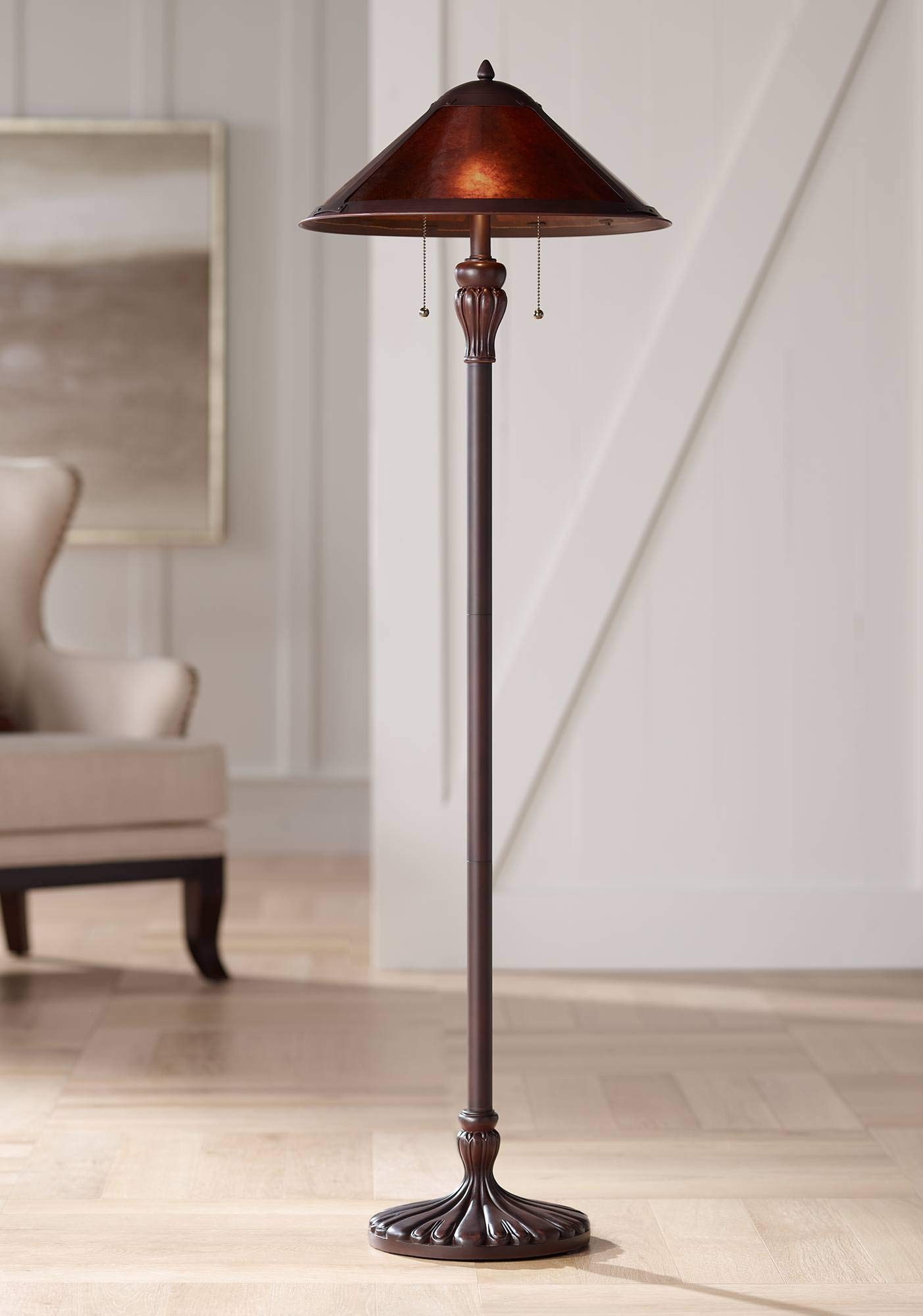 Regency Hill Capistrano Mission Farmhouse Traditional Standing Floor Lamp 57.5" Tall Rustic Bronze Metal Brown Red Natural Mica Empire Shade for Living Room Reading House Bedroom Home