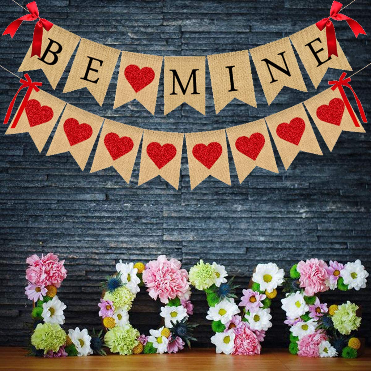 Be Mine Banner Red Glitter Heart Banner Garland Romantic Decorations Burlap Bunting Photo Props Valentine's Day Decorations for Wedding Engagement Home Party Fireplace Mantle Decoration