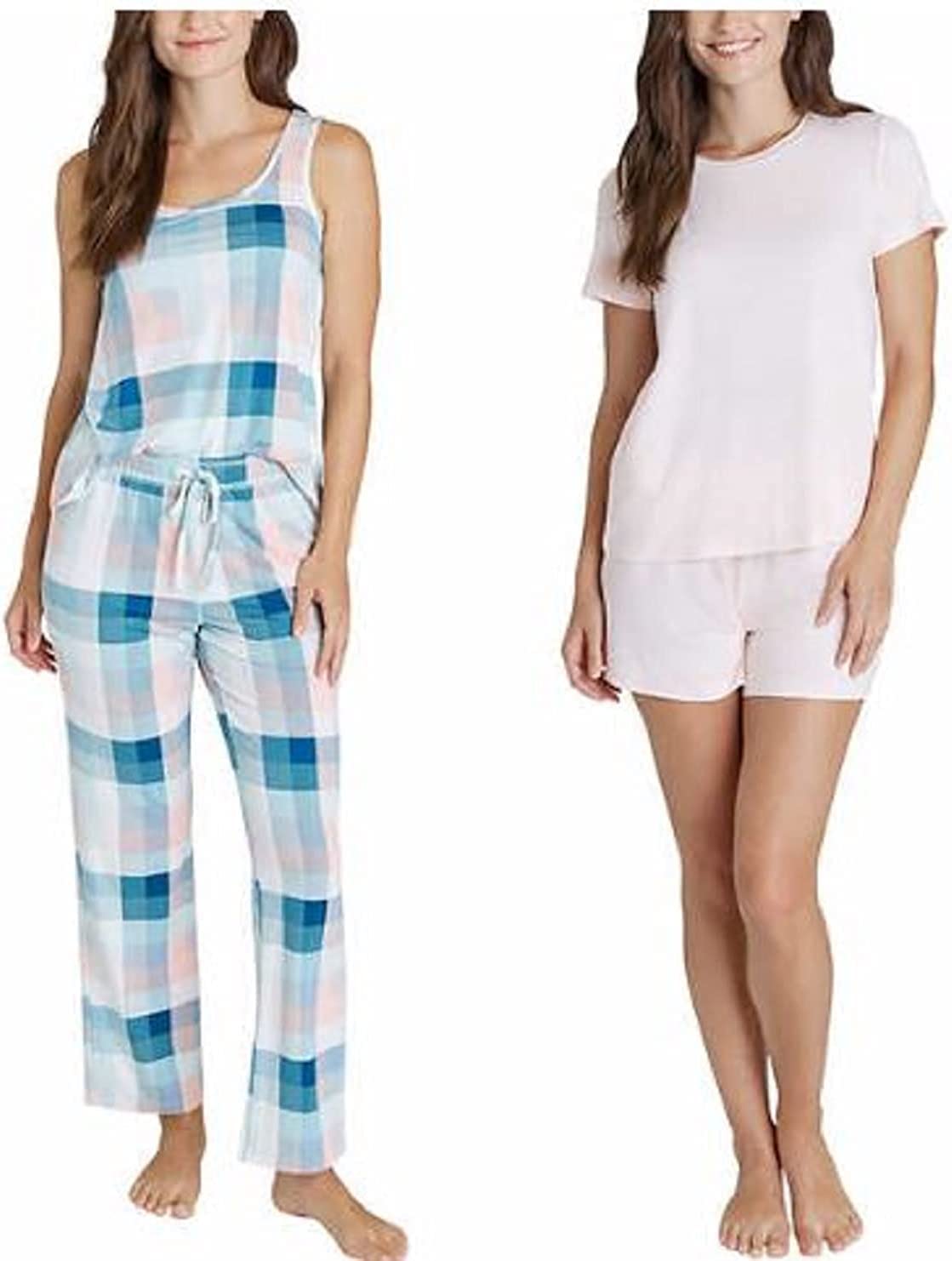 Eddie Bauer Women's 4-Piece Sleep Set, Tank, Tee, Short, Pant (X-Large, Teal Squares)