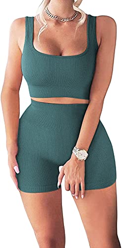 WANLISS Summer Workout Sets for Women 2 Piece Seamless Ribbed Crop Tank High Waist Shorts Casual Yoga Outfits