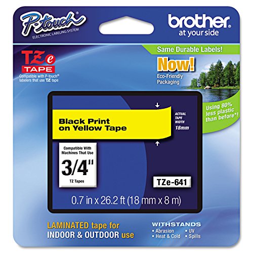 Brother Tze641 Tze Standard Adhesive Laminated Labeling Tape, 3/4-Inch W, Black On Yellow