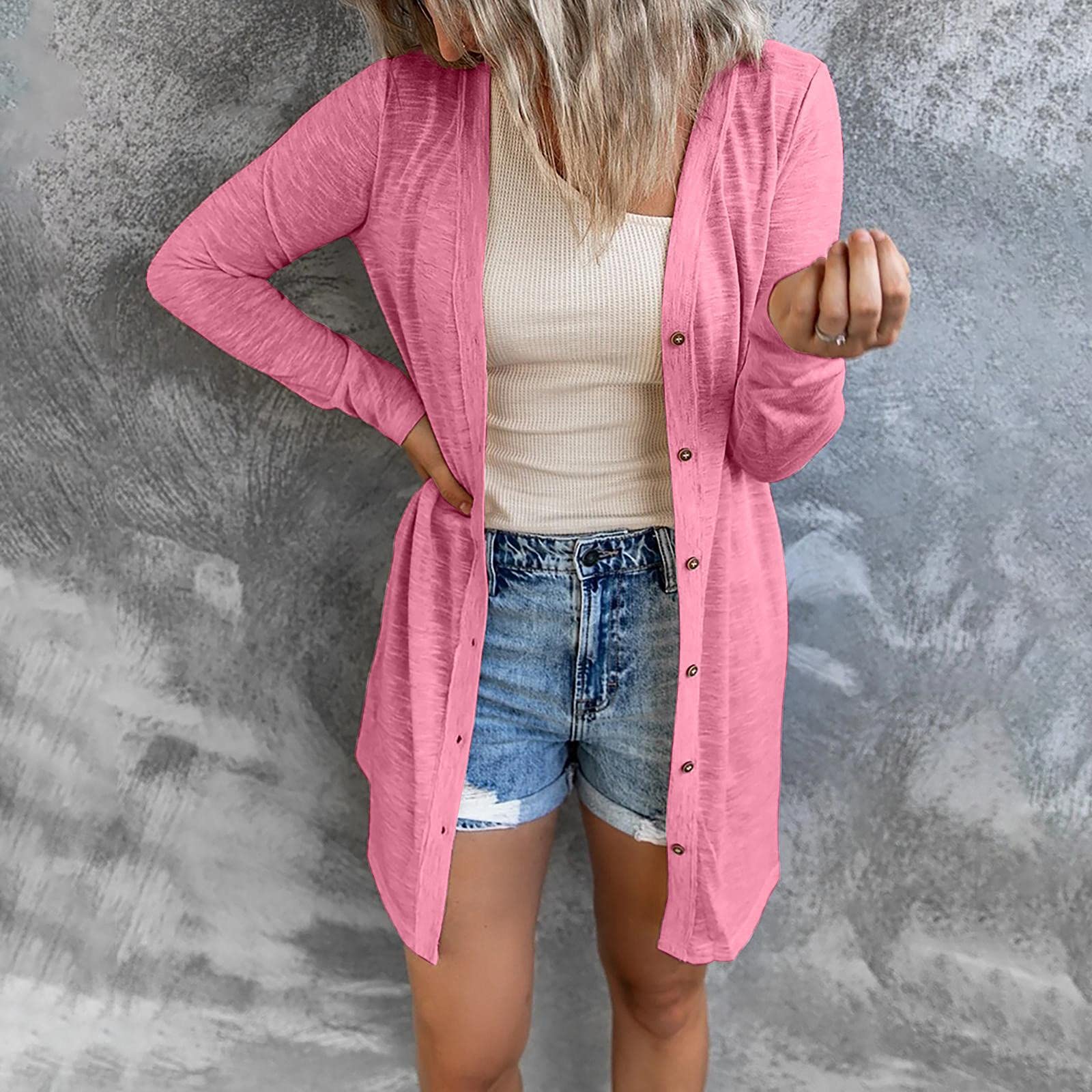 Coupons and Promo Codes for Discount Lightweight Fall Cardigan for Women 2023 Plus Size Long Sleeve Casual Comfy Thin Open Front Kimono Cardigans with Pockets Shrug Sweaters A Pink