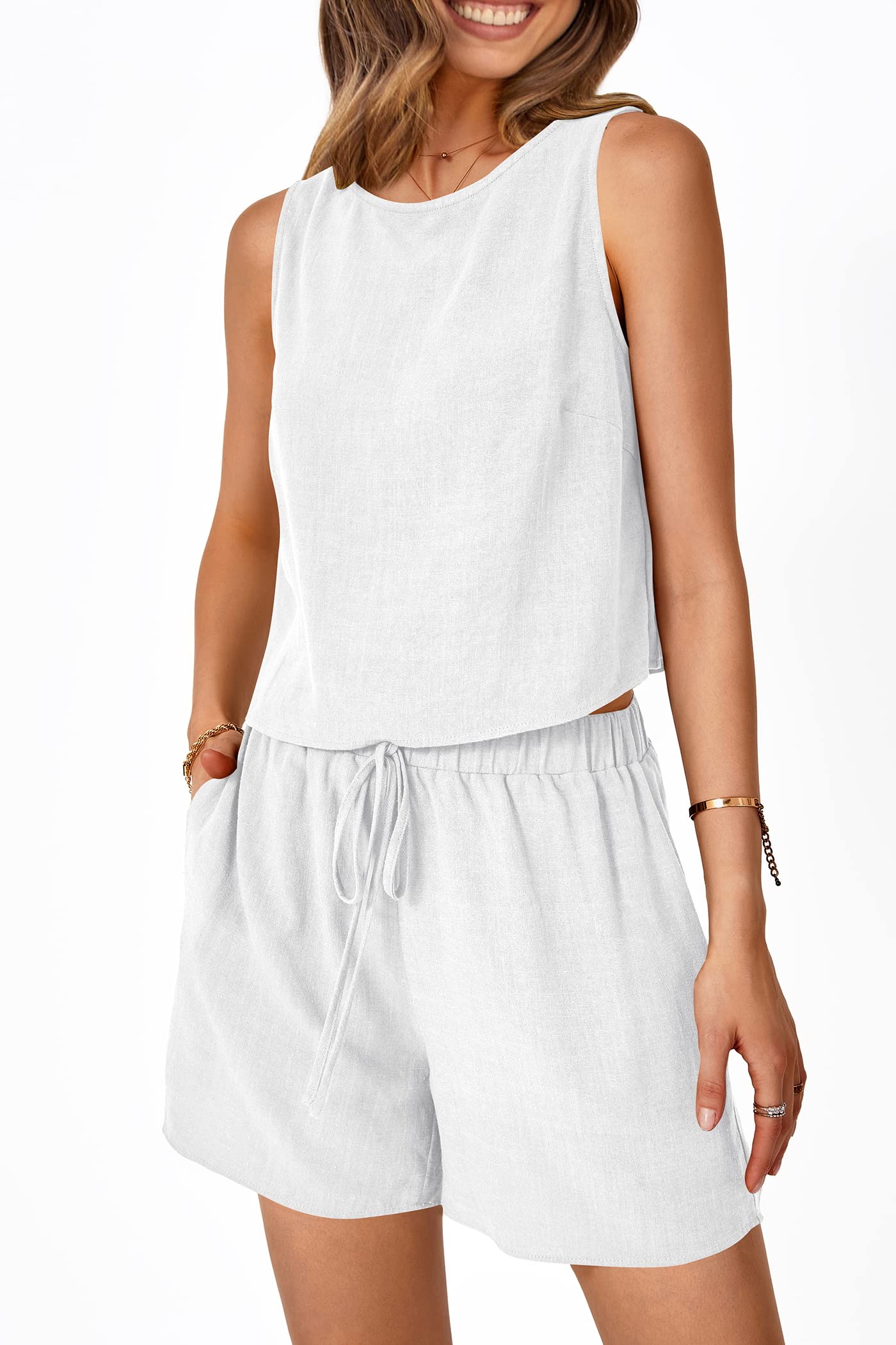 PRETTYGARDEN Women's 2024 Summer 2 Piece Outfits Casual Button Back Crop Tank Tops and High Waist Shorts Set (White,Medium)