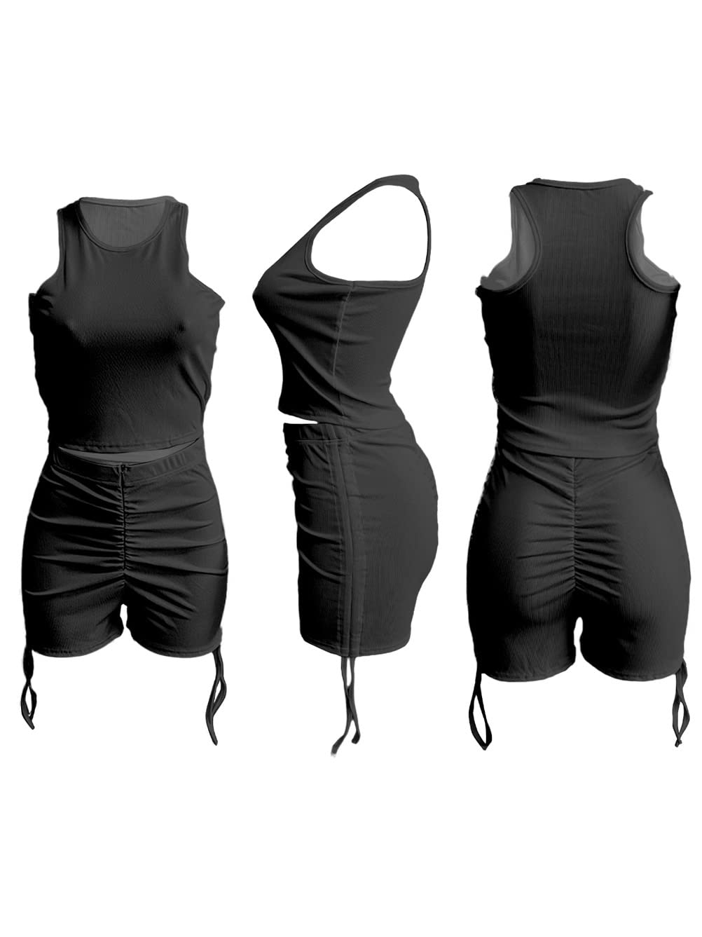 Workout Sets for Women 2 Piece Outfits Sexy Ribbed Crop Tank Top Drawstring High Waist Shorts Summer Short Set Black XL