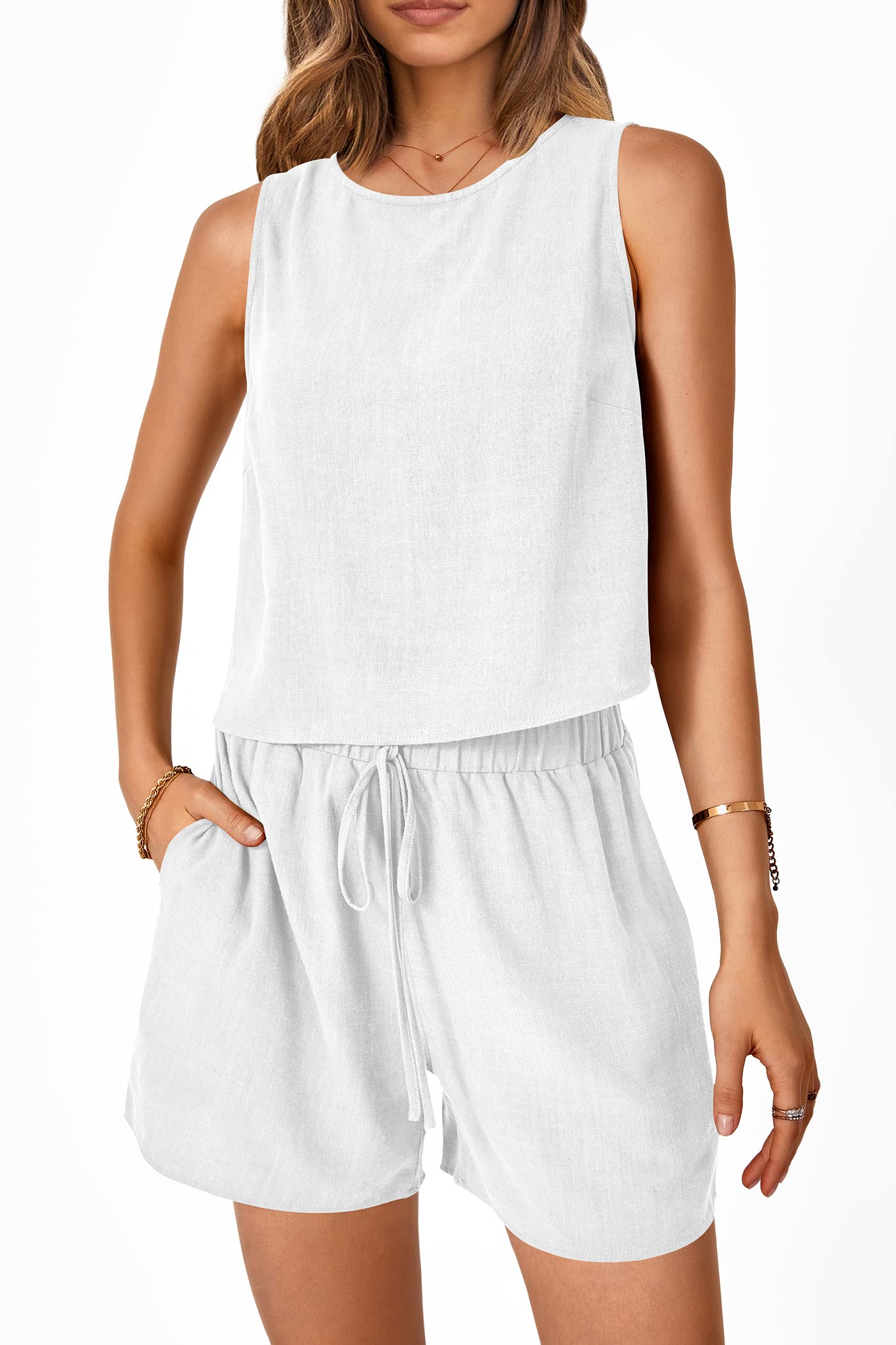 PRETTYGARDEN Women's 2024 Summer 2 Piece Outfits Casual Button Back Crop Tank Tops and High Waist Shorts Set (White,Medium)