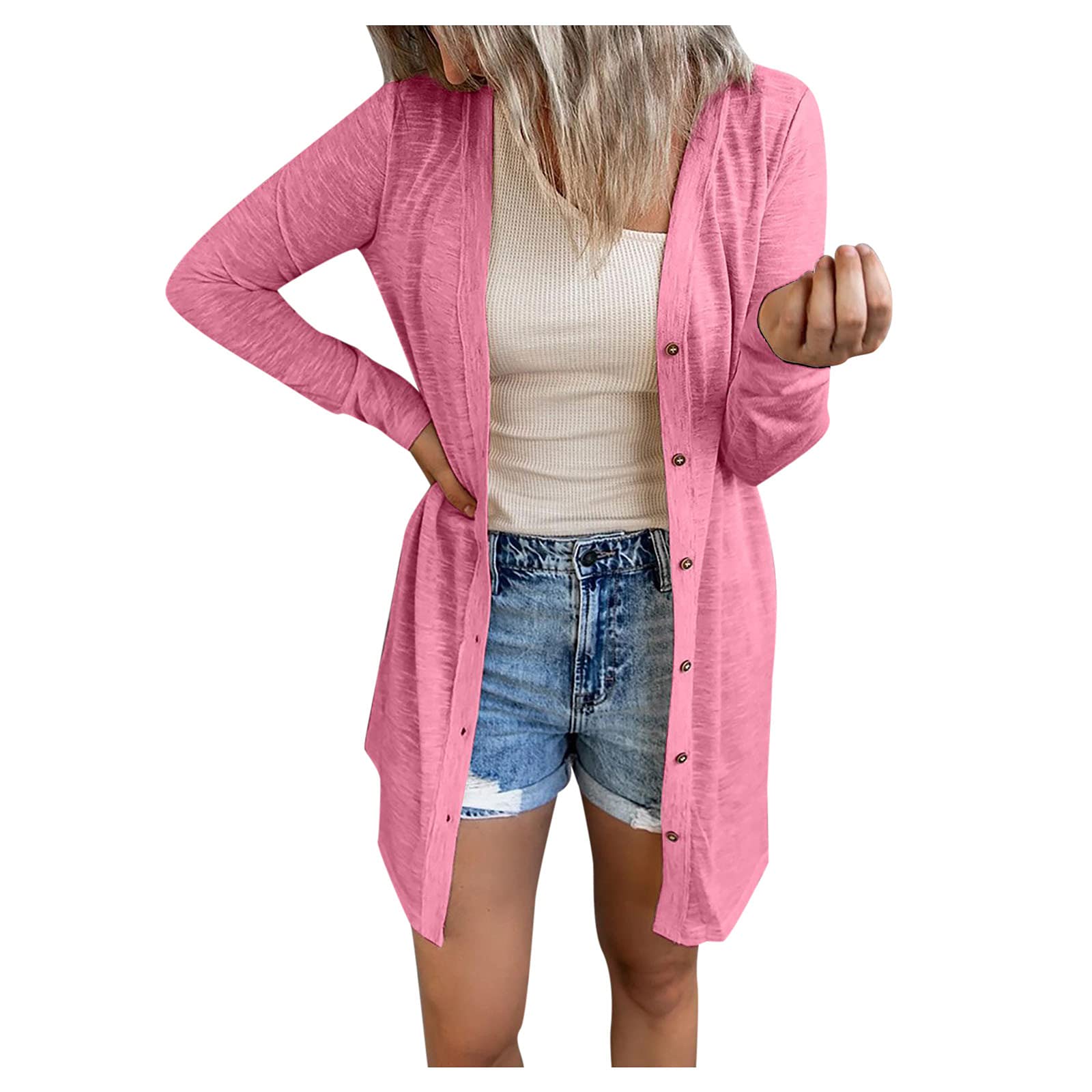 Coupons and Promo Codes for Discount Lightweight Fall Cardigan for Women 2023 Plus Size Long Sleeve Casual Comfy Thin Open Front Kimono Cardigans with Pockets Shrug Sweaters A Pink