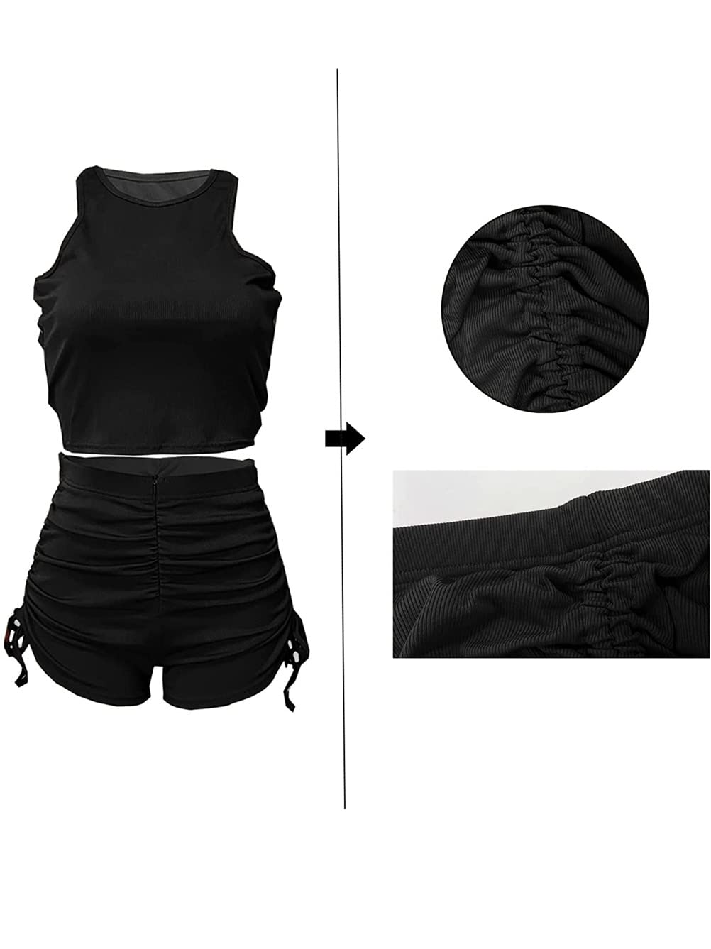 Workout Sets for Women 2 Piece Outfits Sexy Ribbed Crop Tank Top Drawstring High Waist Shorts Summer Short Set Black XL