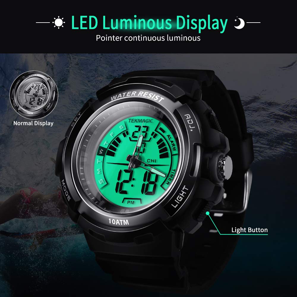 CHISHUNG 10 ATM Waterproof Sports Diving Watch 100m Underwater Men Boys Swimming Watch with Stopwatch, Chronograph, Alarm, Calendar, Timer Countdown and Dual Time Zone Display