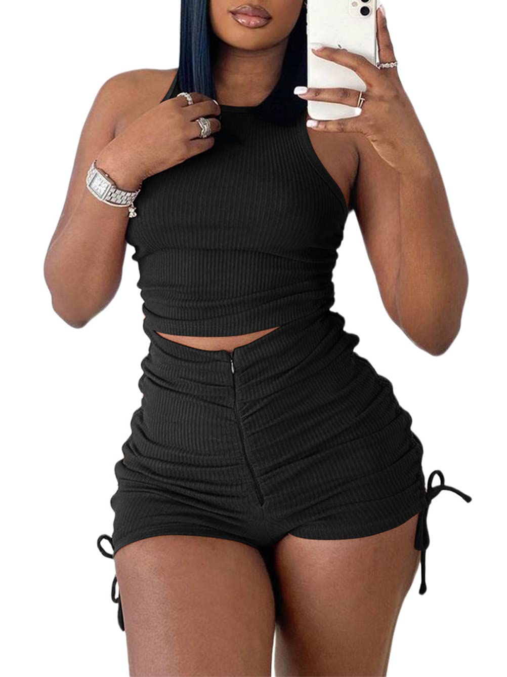 Workout Sets for Women 2 Piece Outfits Sexy Ribbed Crop Tank Top Drawstring High Waist Shorts Summer Short Set Black XL