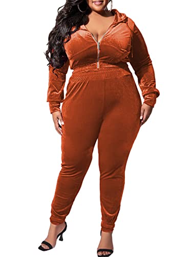 MRSYVES Velour Sweatsuit for Women Solid Color Zip Hoodie and Matching Sweatpants Jogging Set Casual Tracksuit Plus Size Orange-XL