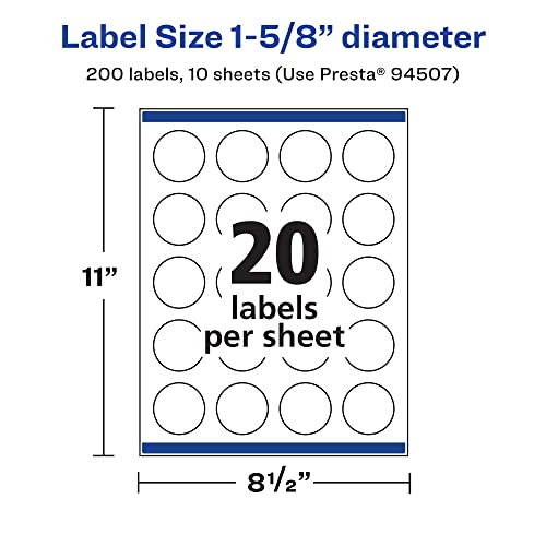 Avery Durable Waterproof Round Labels with Sure Feed, 1-5/8" Diameter, 200 Oil and Tear-Resistant Waterproof Labels, Print-to-The-Edge, Laser/Pigment-Based Inkjet Printable Labels