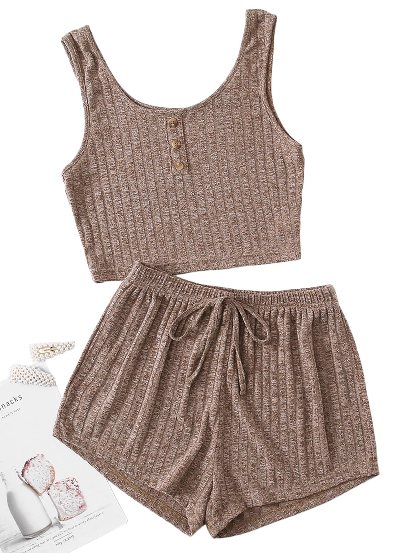 GORGLITTER Women's Sleeveless Button Front Ribbed Crop Tank Top and Elastic Waist Sleepwear Shorts Pajama Set Mocha Brown X-Large