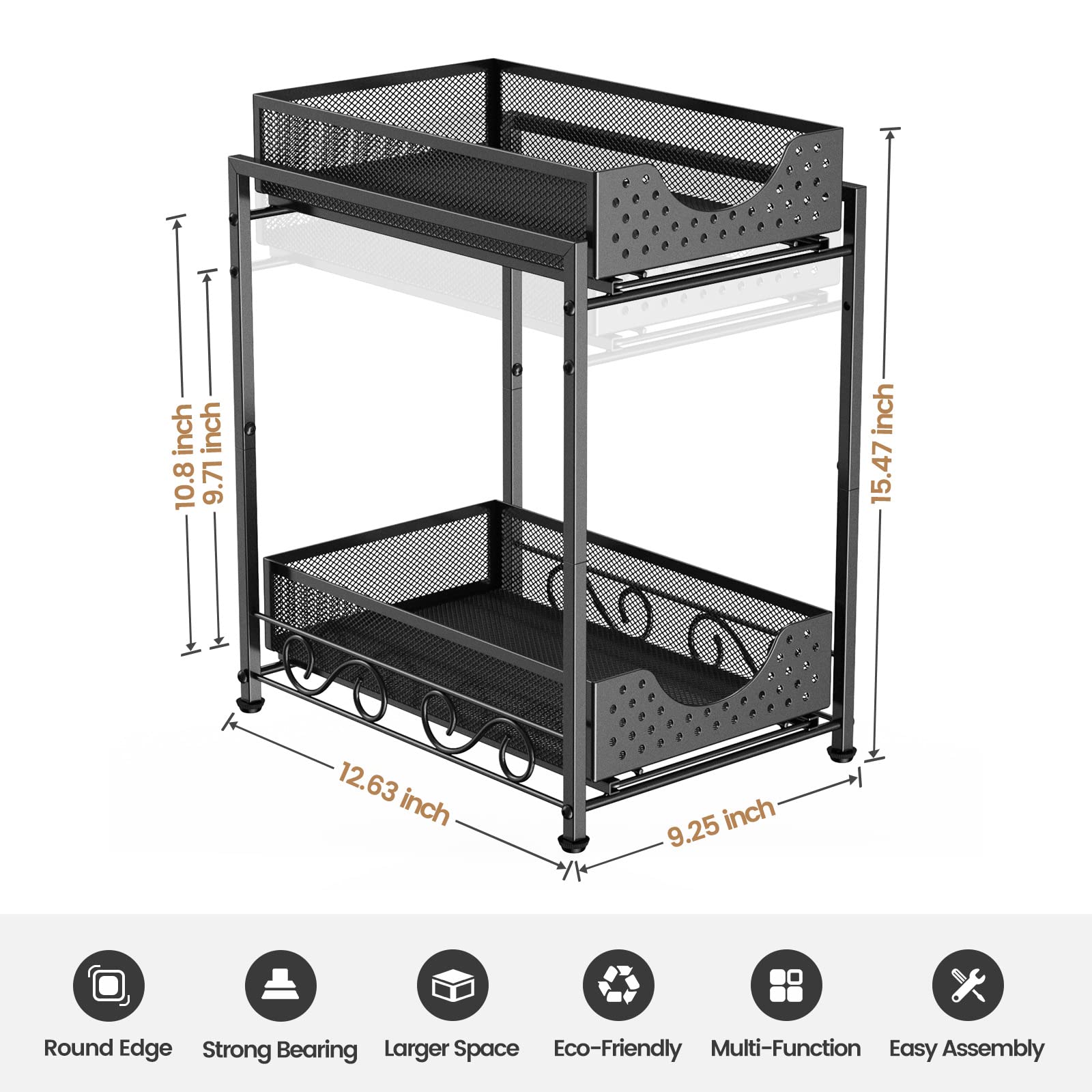 Under Sink Organizers and Storage, Bathroom Cabinet Organizer and Storage, 2 Tier Pull Out Under Cabinet Organizers and Storage, Metal Rolling Kitchen Sink Storage Organizer with Non-slip Feet