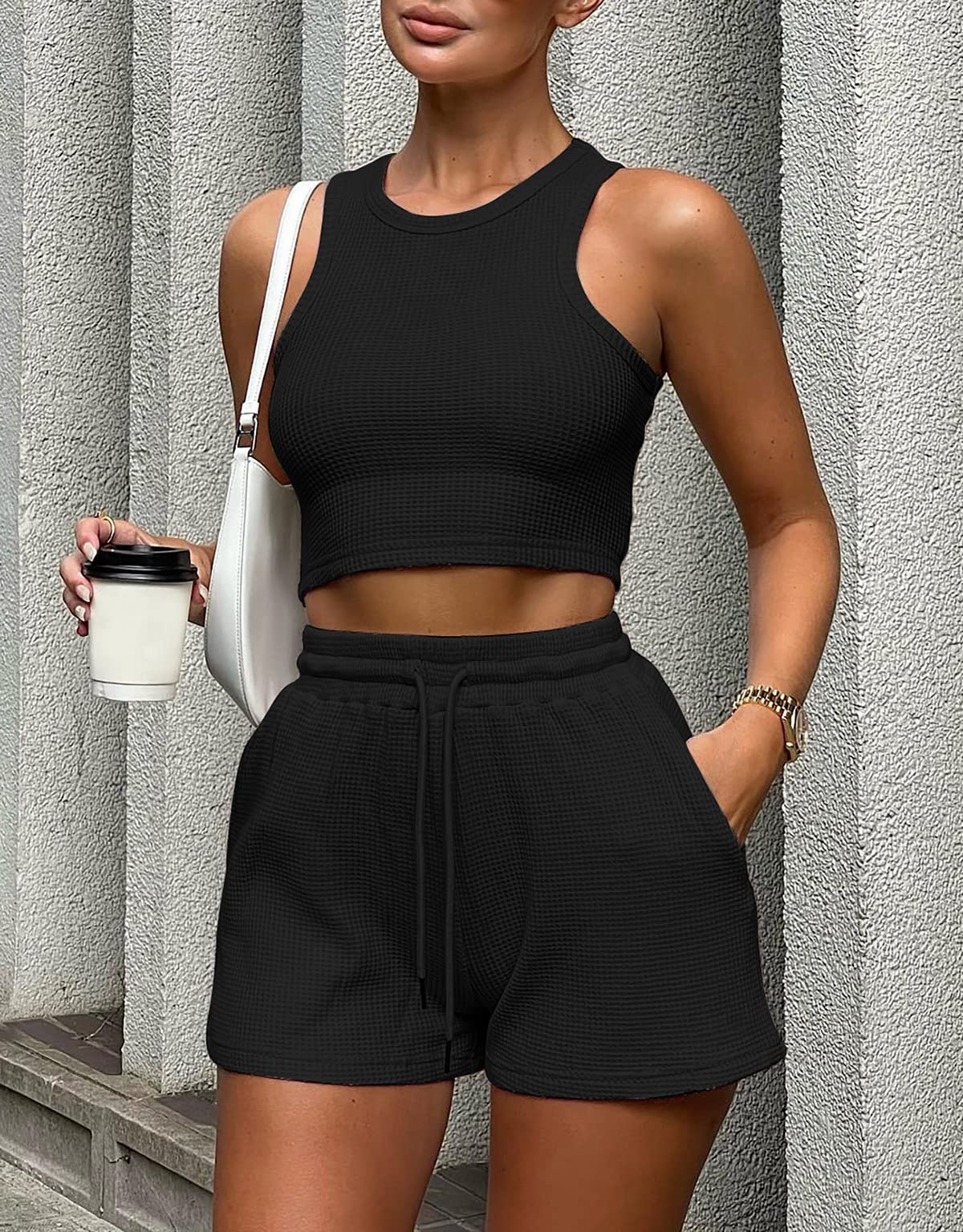 Lingswallow 2 Piece Women Lounge Sets - Sleeveless Crop Top and Shorts Waffle Lounge Set Tracksuits Sweatsuits for Women