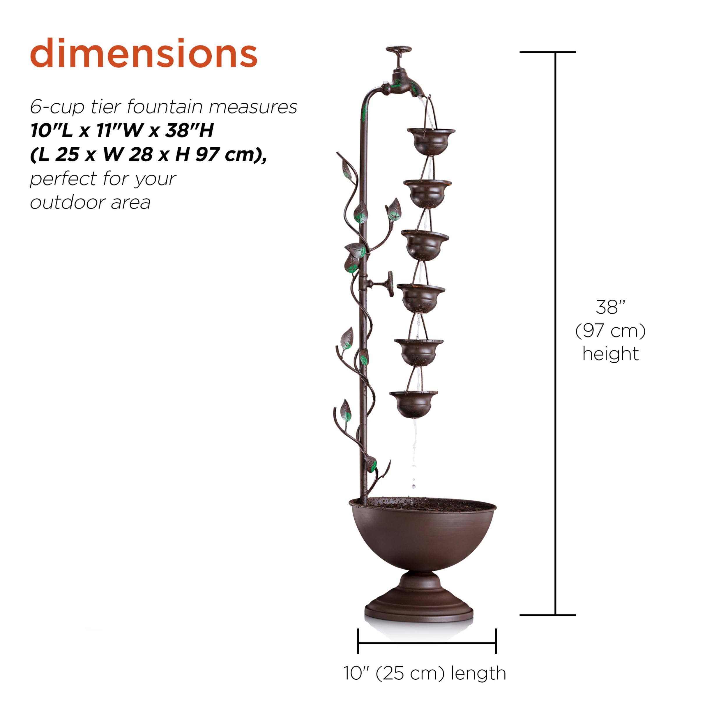 Alpine Corporation 38" Tall Indoor/Outdoor Hanging 6-Cup Tiered Floor Water Fountain, Bronze