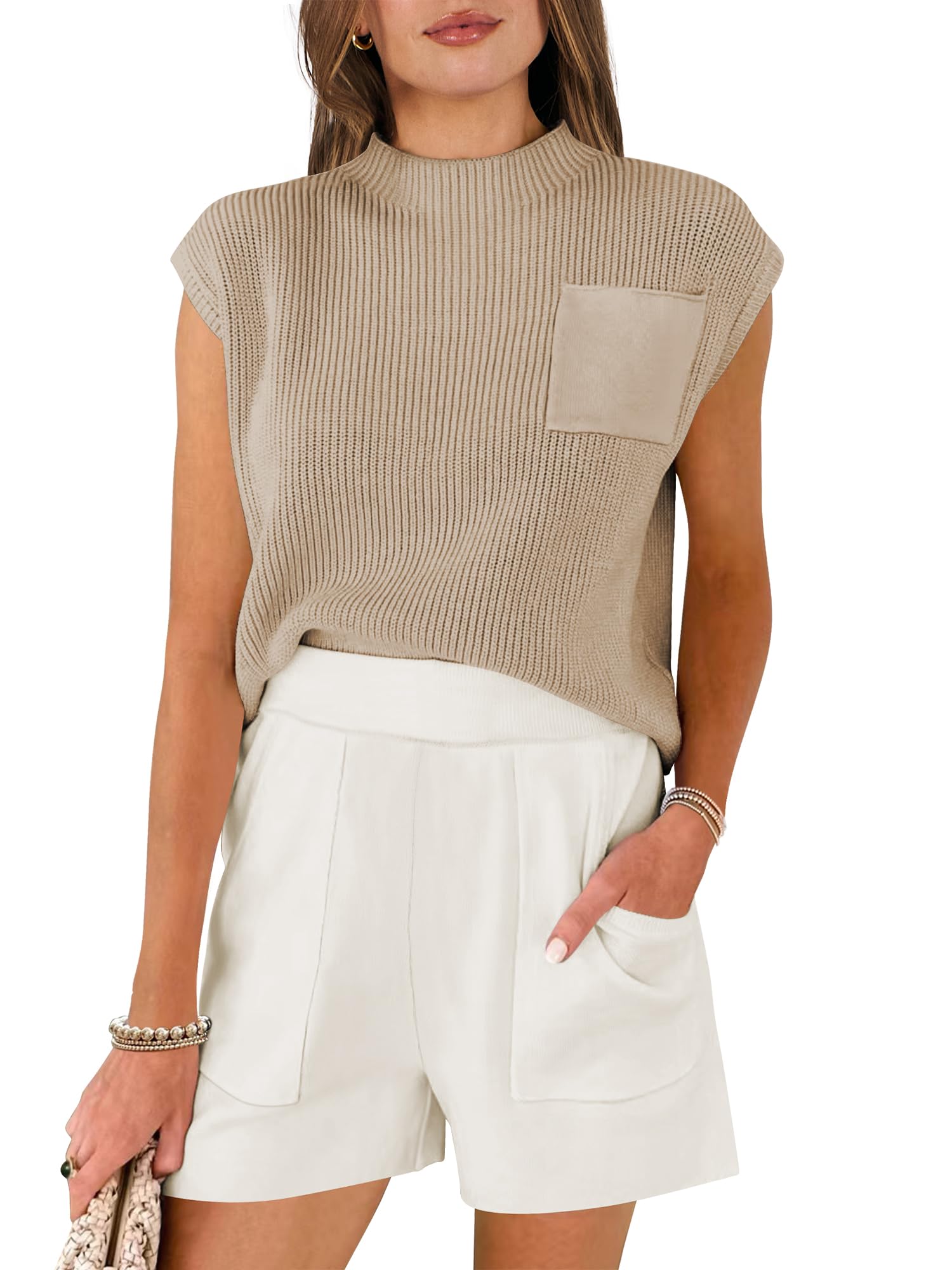 Caracilia 2 Piece Shorts Set for Women Sweater Fashion Outfits 2023 Knit Tank Tops and Casual Matching Summer Classy Loungewear Clothes Tracksuit Sweatsuits C112A2qiankaqi-XL Khaki White, X-Large