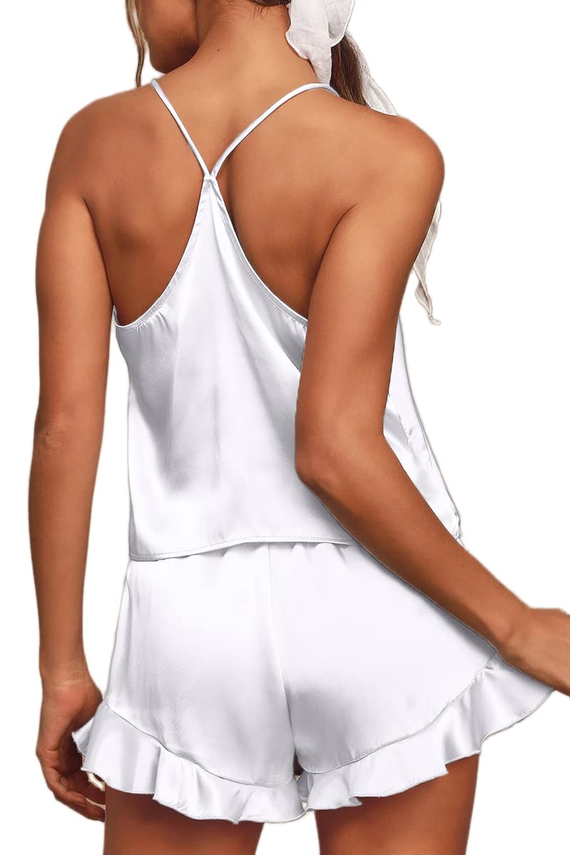 CHYRII Womens Ruffled Silk Sleepwear Racerback Cami Shorts Pajamas Sets Camisole Nightwear White XL