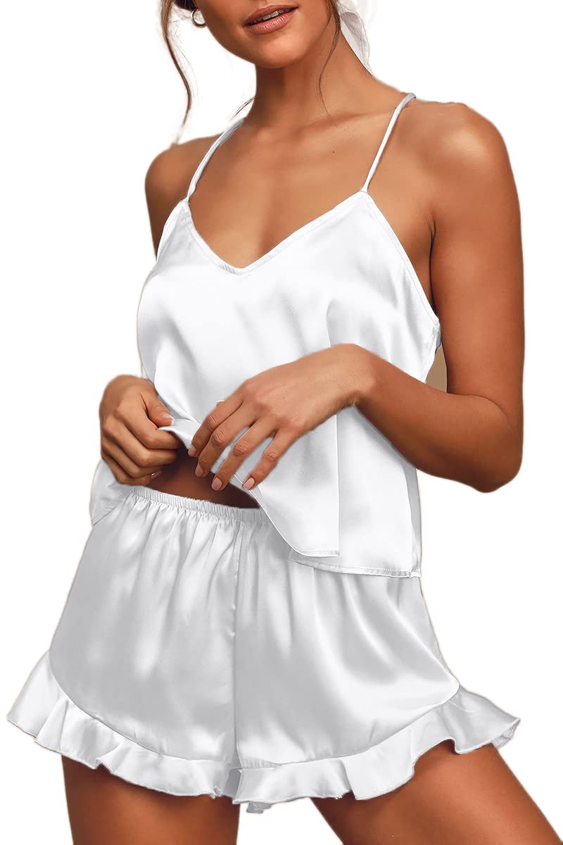 CHYRII Womens Ruffled Silk Sleepwear Racerback Cami Shorts Pajamas Sets Camisole Nightwear White XL