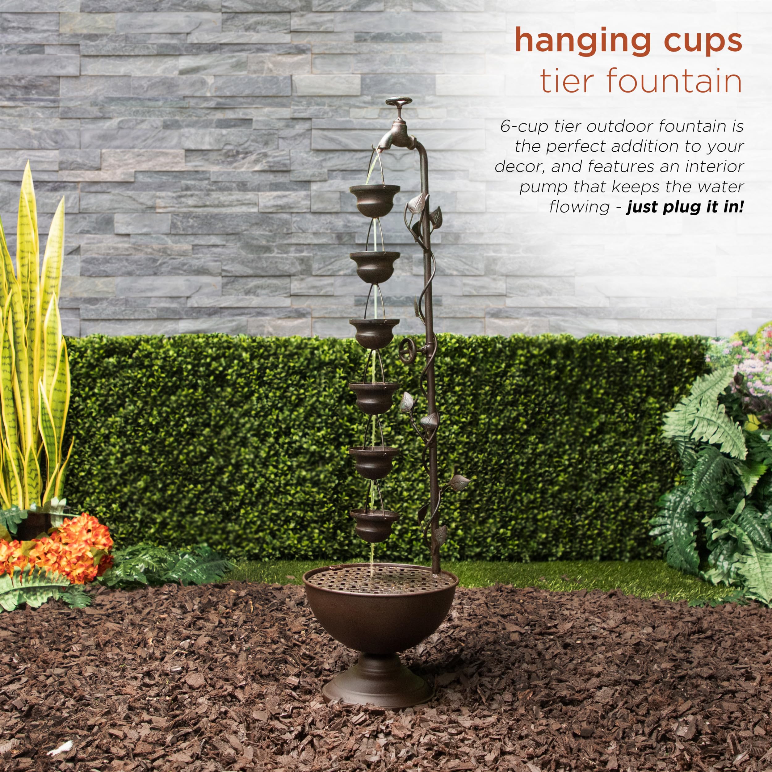 Alpine Corporation 38" Tall Indoor/Outdoor Hanging 6-Cup Tiered Floor Water Fountain, Bronze