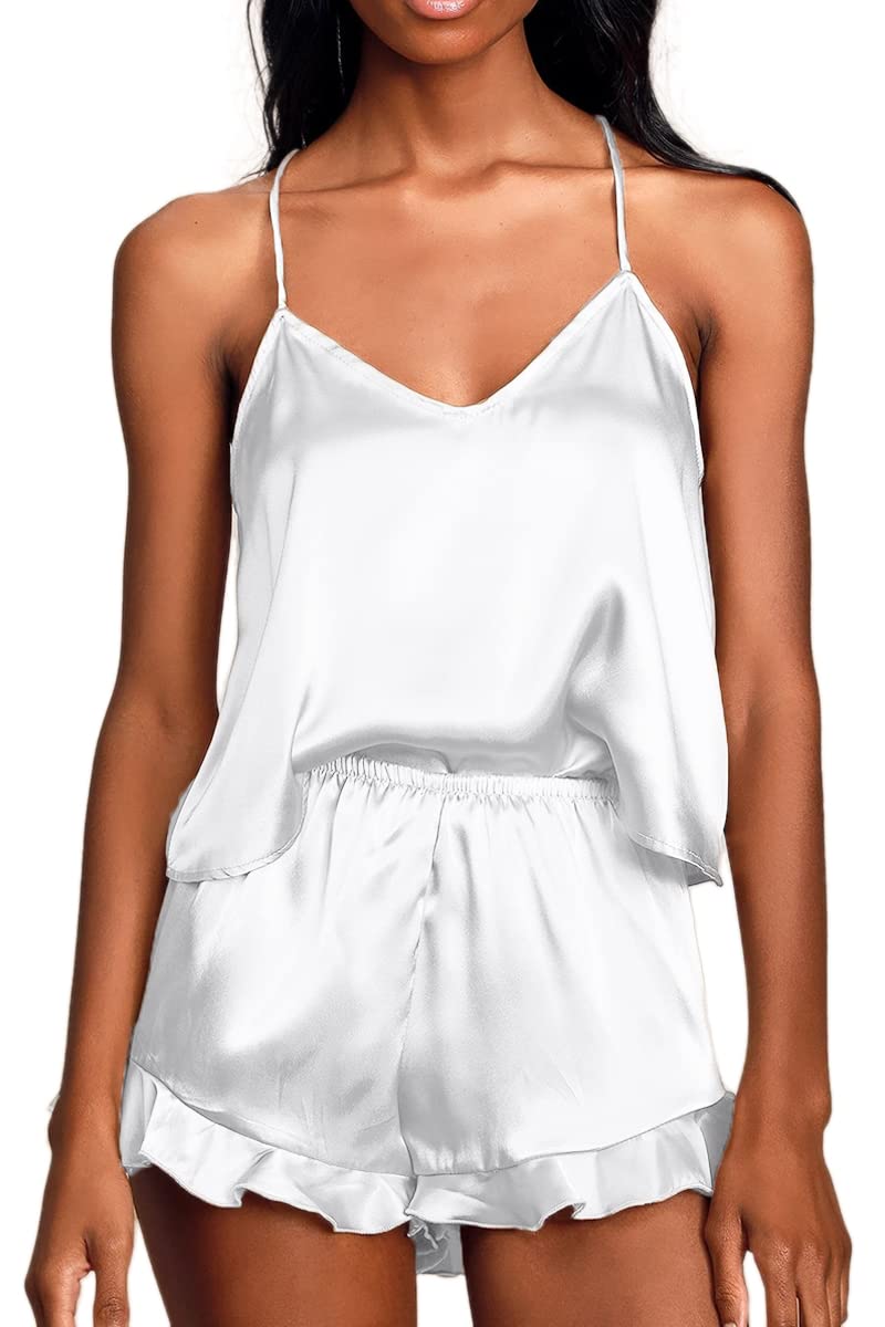 CHYRII Womens Ruffled Silk Sleepwear Racerback Cami Shorts Pajamas Sets Camisole Nightwear White XL