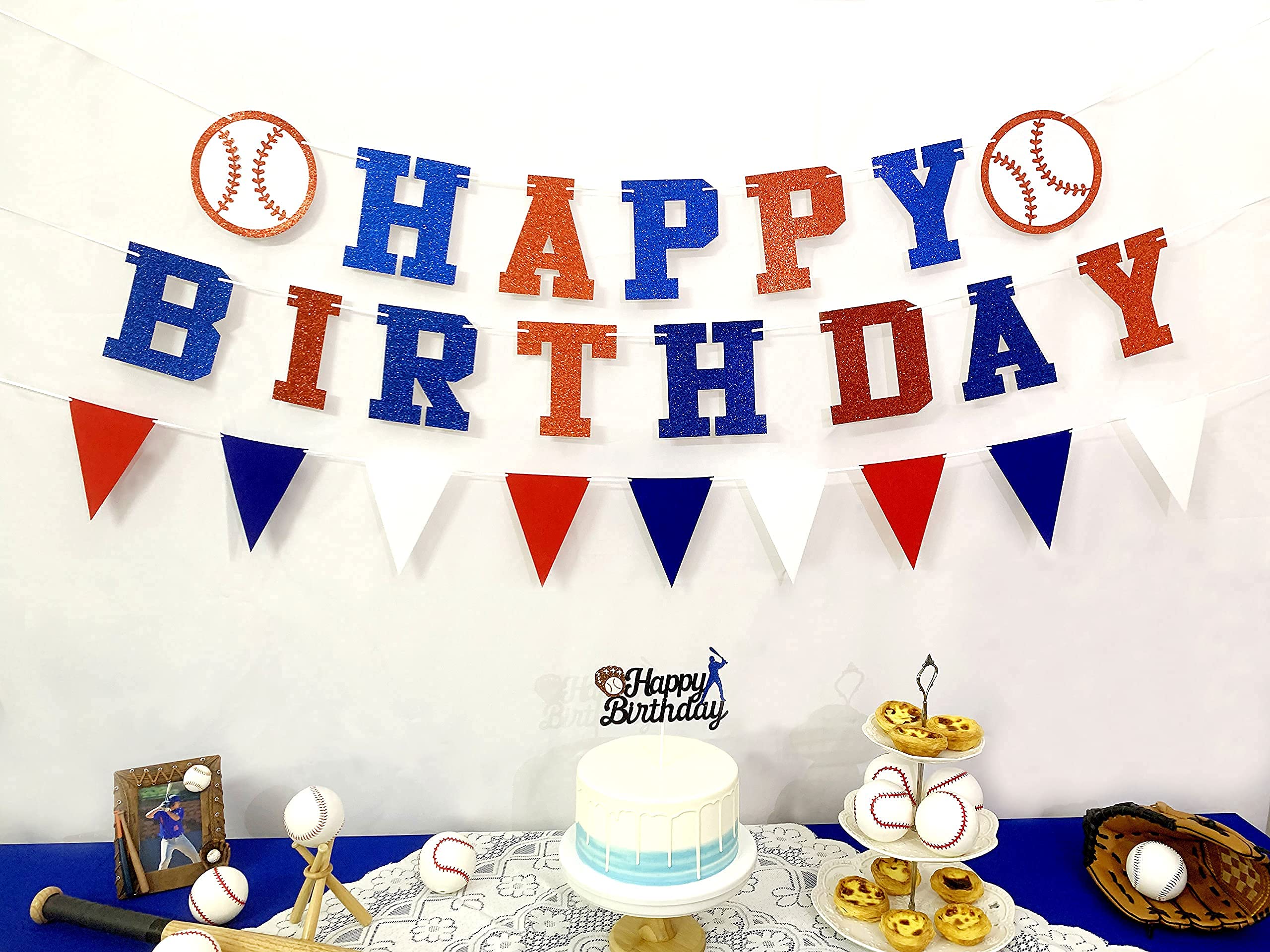 Baseball Birthday Banner - Baseball Happy Birthday Banner and Felt Pennants for Sports/Baseball Theme Birthday Party decorations (Pre-Strung)