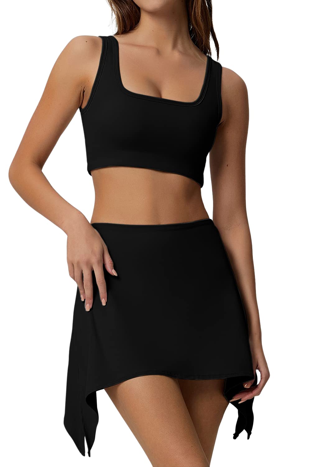QINSEN Women's Two Pieces Active Dress Sports Bra Tank Top Built in Shorts Mini Skirt Tennis Dresses Black XL