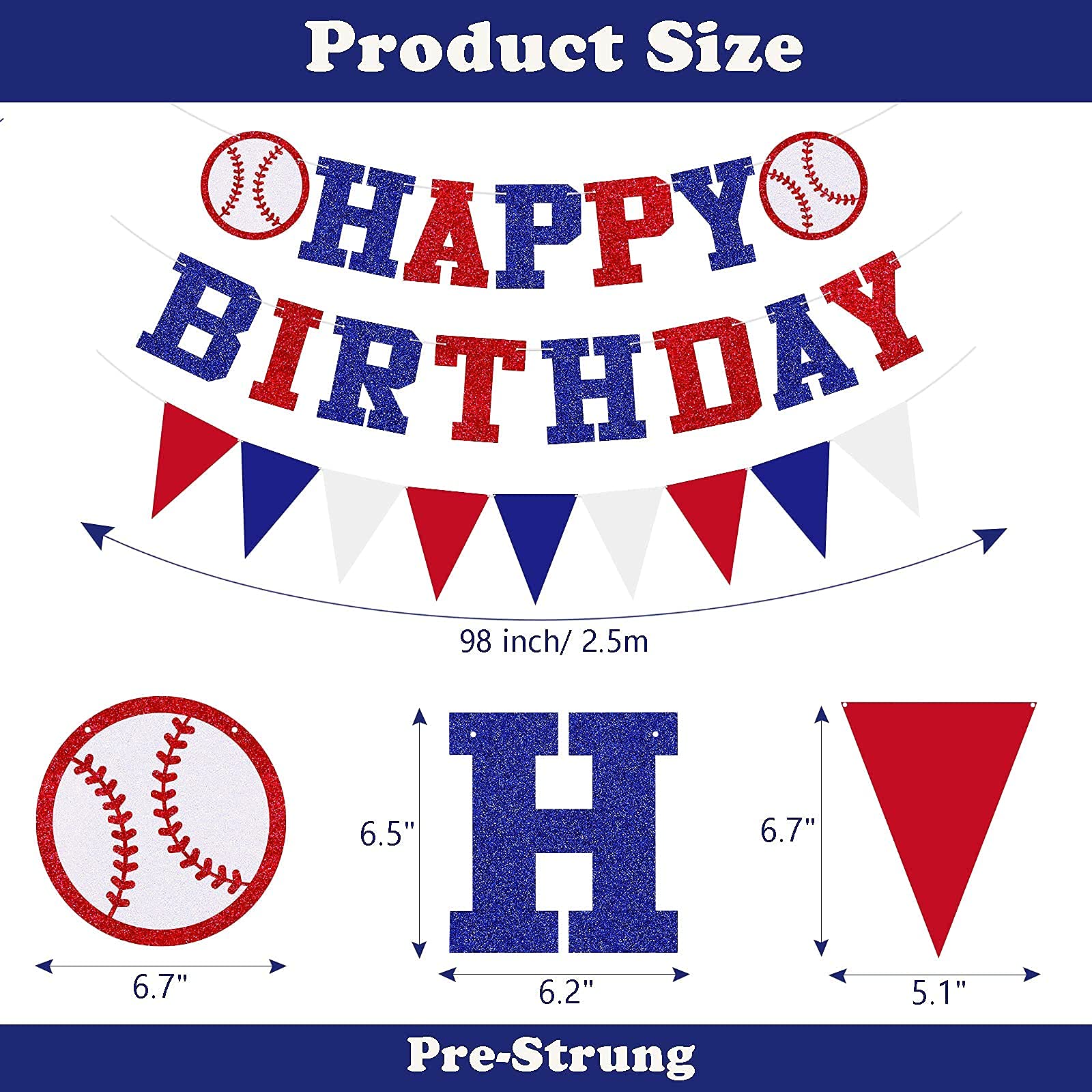Baseball Birthday Banner - Baseball Happy Birthday Banner and Felt Pennants for Sports/Baseball Theme Birthday Party decorations (Pre-Strung)