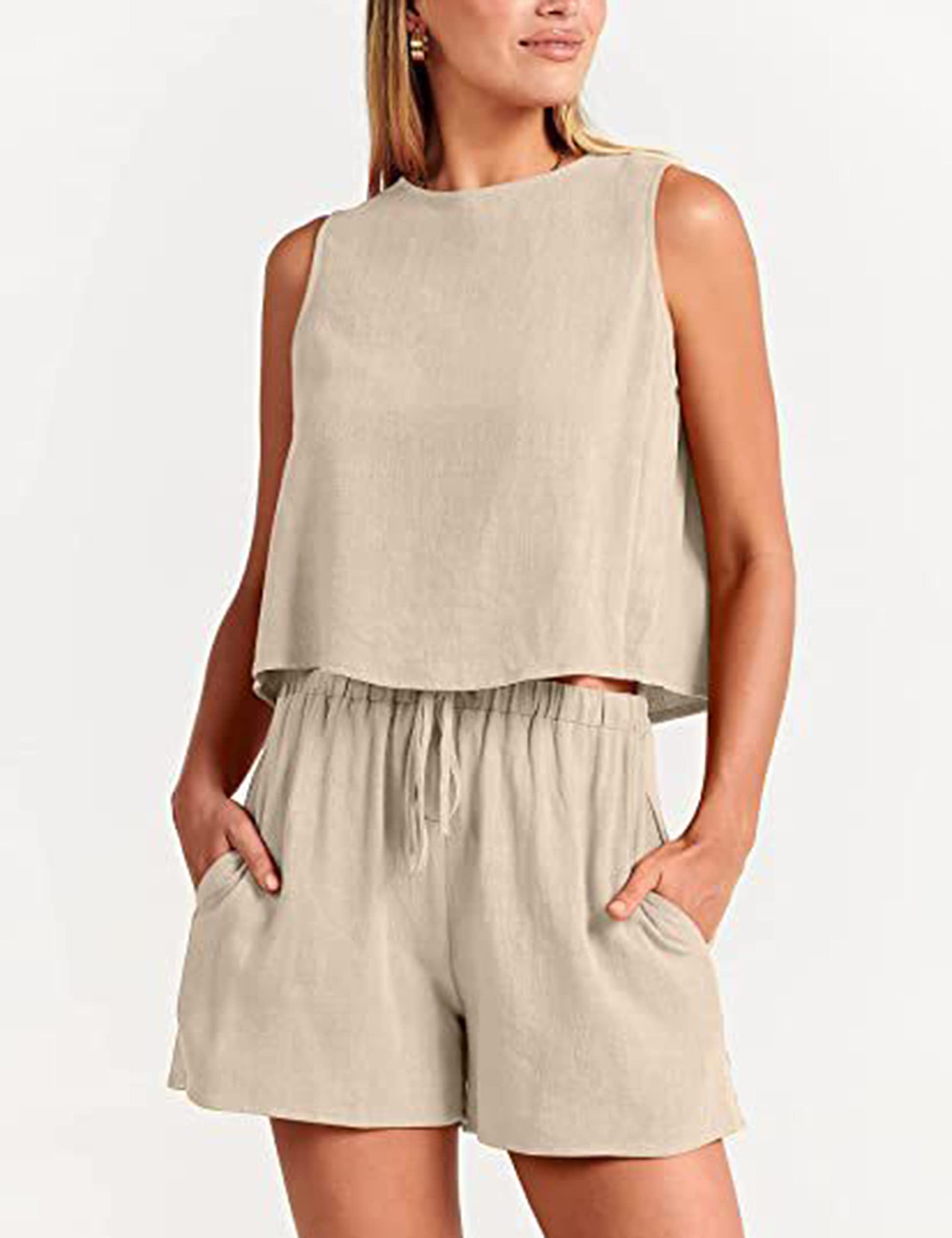 PUWEI Womens Summer Linen 2 Piece Sets Lounge Outfits Crop Tank Top High Waist Shorts Matching Sets Romper (2870-Apricot-XL)
