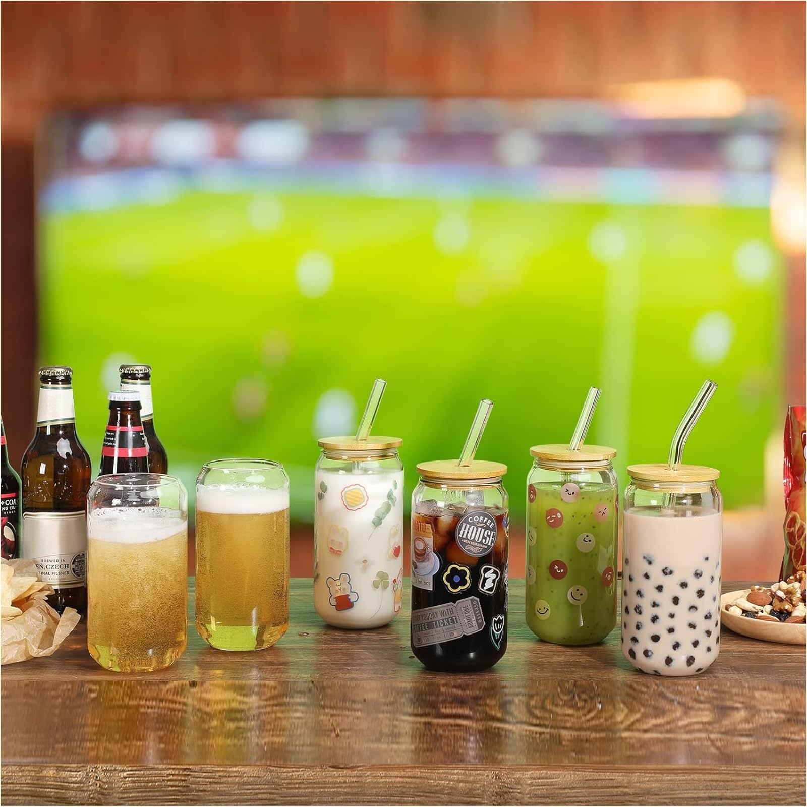 [ 8pcs Set ] Drinking Glasses with Bamboo Lids and Glass Straw - 16oz Can Shaped Glass Cups, Beer Glasses, Iced Coffee Glasses, Cute Tumbler Cup, Ideal for Cocktail, Whiskey, Gift - 2 Cleaning Brushes