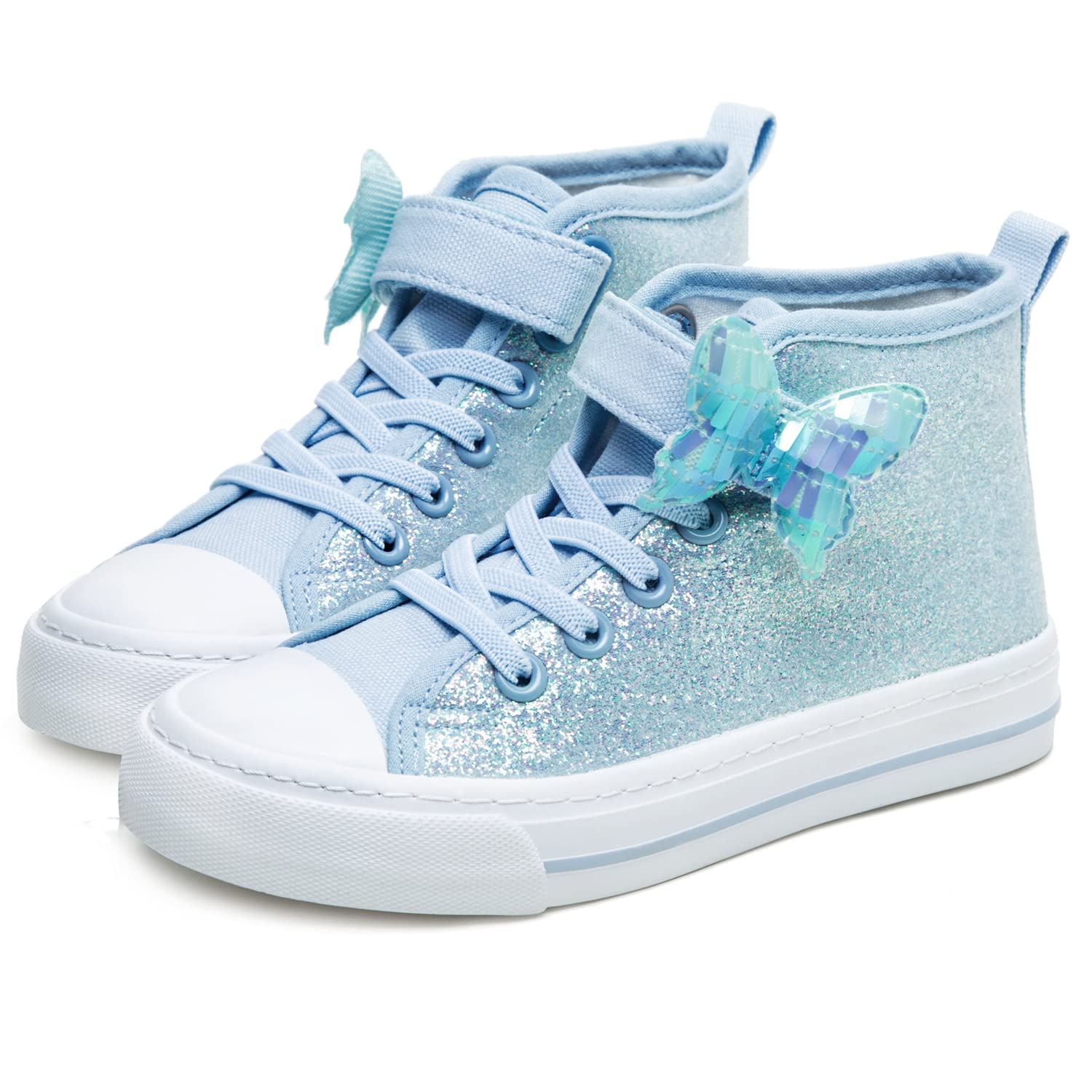 Toandon Kids Girls Sneakers Glitter Sparkle Shoes Toddler Child Slip On High Top Toddler Adjustable Hook Loop Straps Velcro Non-Slip Lightweight Sequins Blue Butterfly Size 2