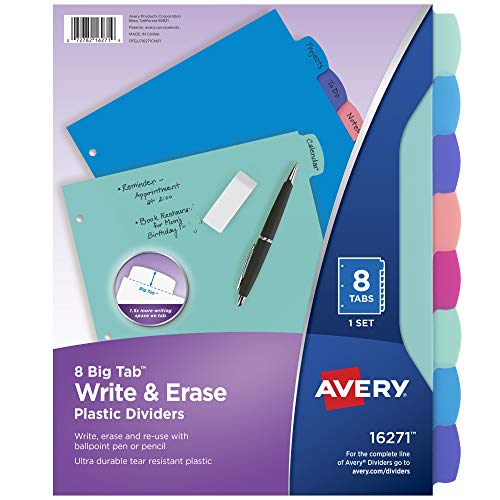 Avery Heavy-Duty View 3 Ring Binder, 3" One Touch Slant Rings, Holds 8.5" x 11" Paper, 1 Light Blue Binder & Durable Plastic 8-Tab Write & Erase Big Tab Dividers for 3 Ring Binders, Pastel Brights