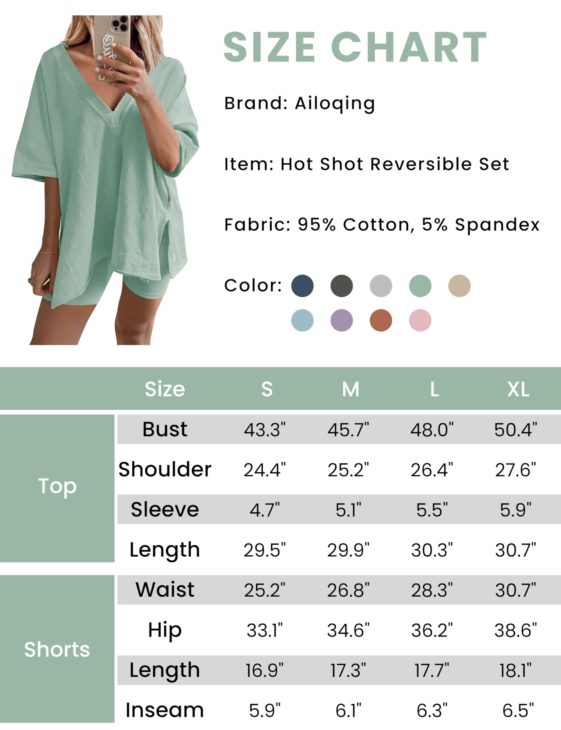 Ailoqing 2 Piece Outfits for Women Summer Oversized V Neck T Shirt Biker Short Sets Hot Shot Reversible Set(LightTeal-L)
