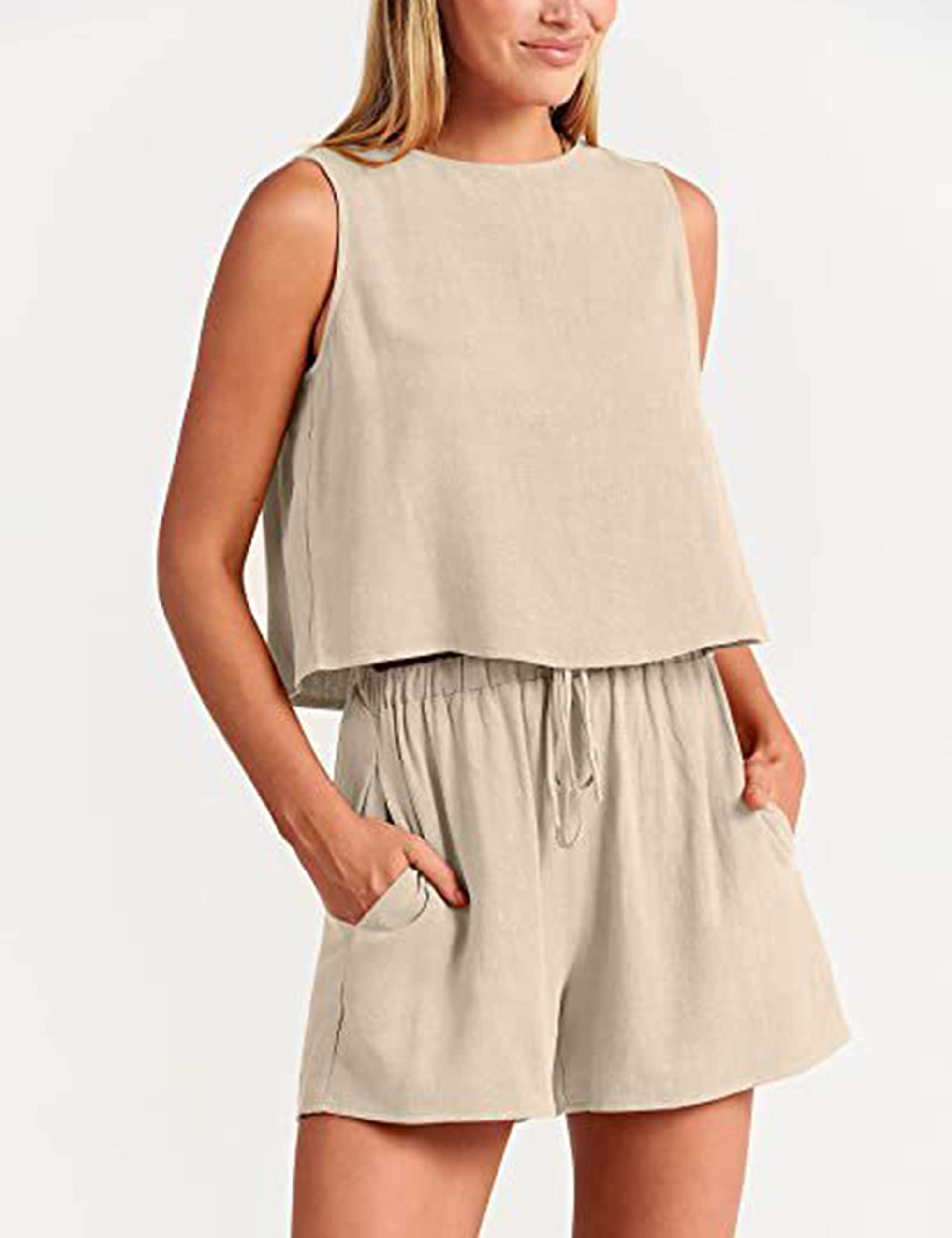 PUWEI Womens Summer Linen 2 Piece Sets Lounge Outfits Crop Tank Top High Waist Shorts Matching Sets Romper (2870-Apricot-XL)