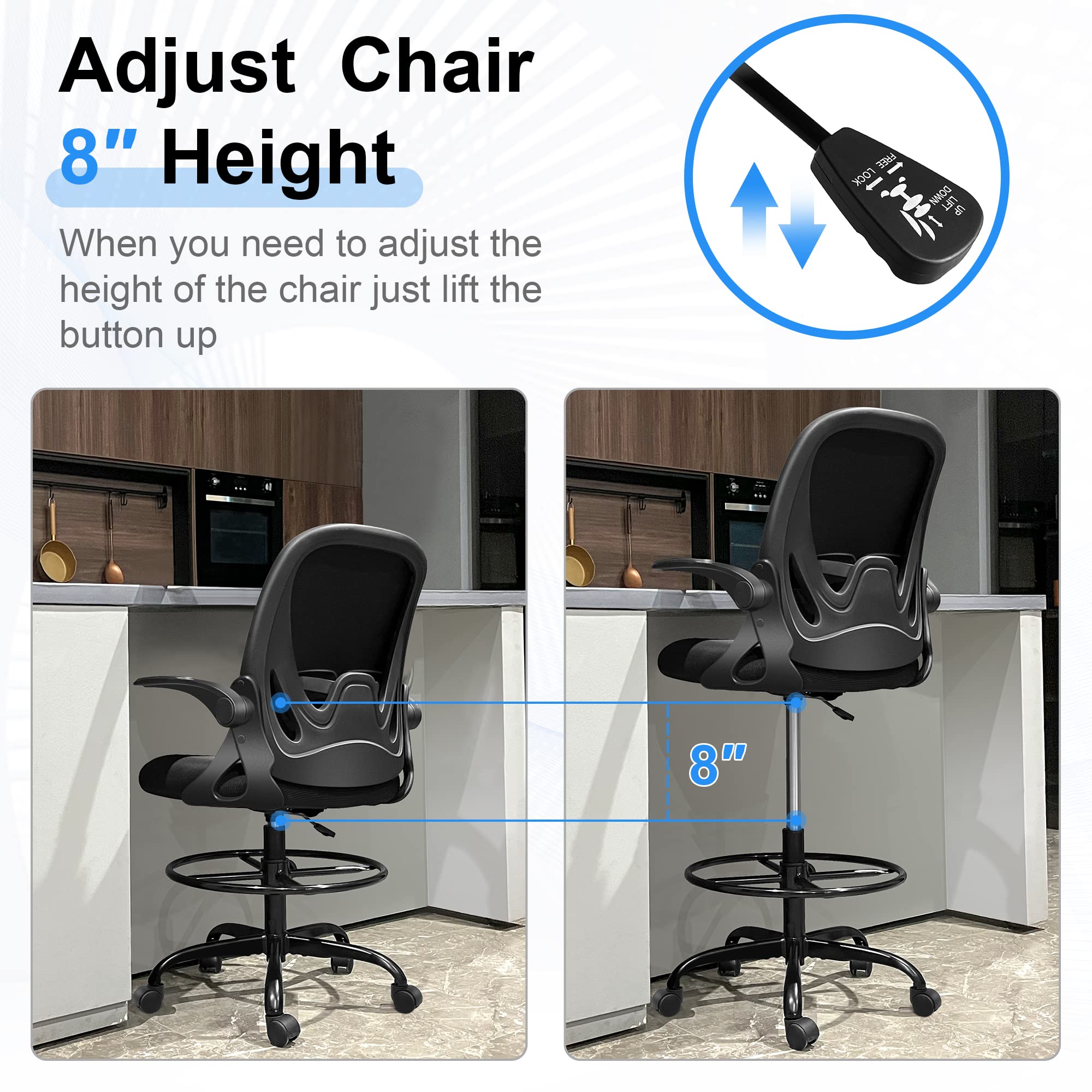Primy Drafting Chair Tall Office Chair with Flip-up Armrests Executive Ergonomic Computer Standing Desk Chair with Lumbar Support and Adjustable Footrest Ring (Black)