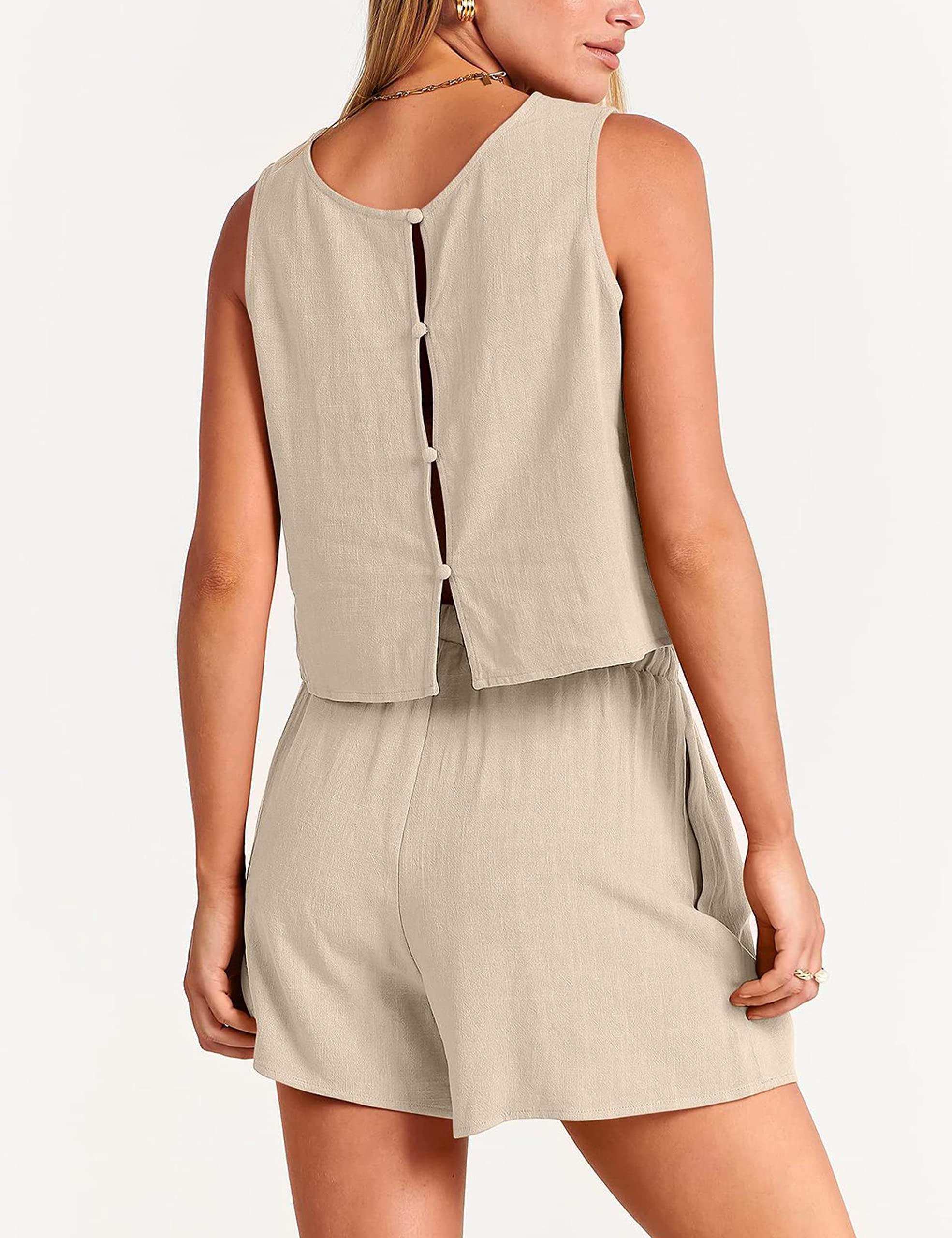 PUWEI Womens Summer Linen 2 Piece Sets Lounge Outfits Crop Tank Top High Waist Shorts Matching Sets Romper (2870-Apricot-XL)